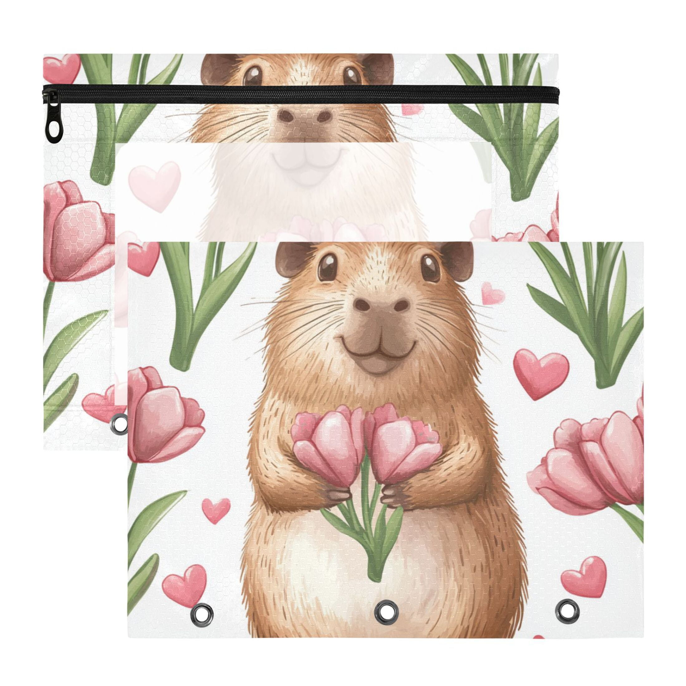 Cartoon Capybara Hold Tulips Flowers 3-Ring Binder Pouches A4 Size ...