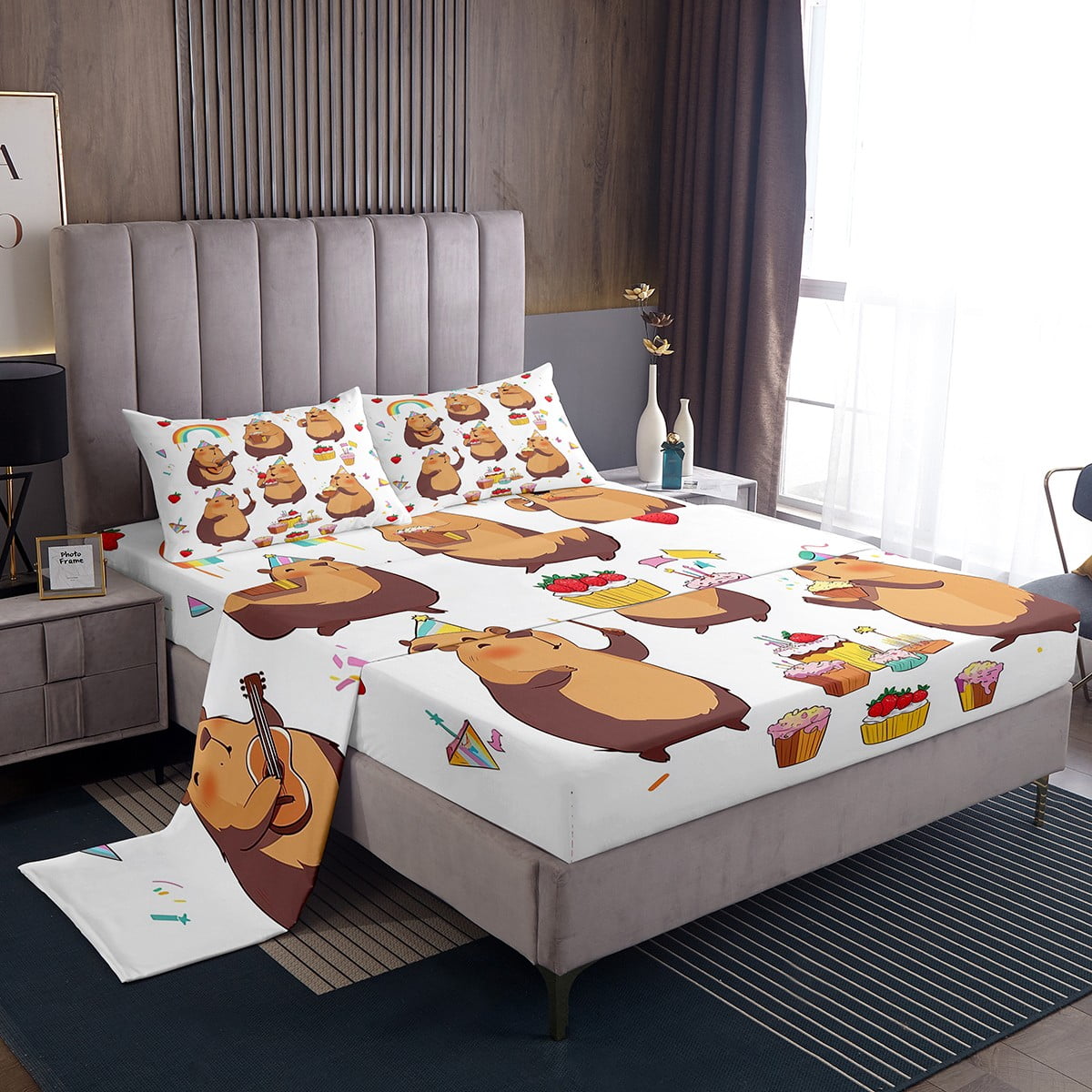 Cartoon Capybara Bed Sheets Set,Strawberry Cake Sheets Cuet Animals ...