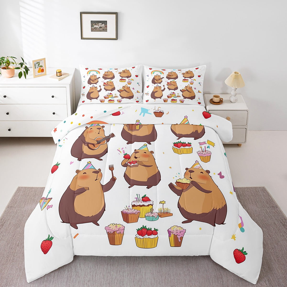 Cartoon Capybara Down Comforter,Strawberry Cake Bedding Sets Cuet ...
