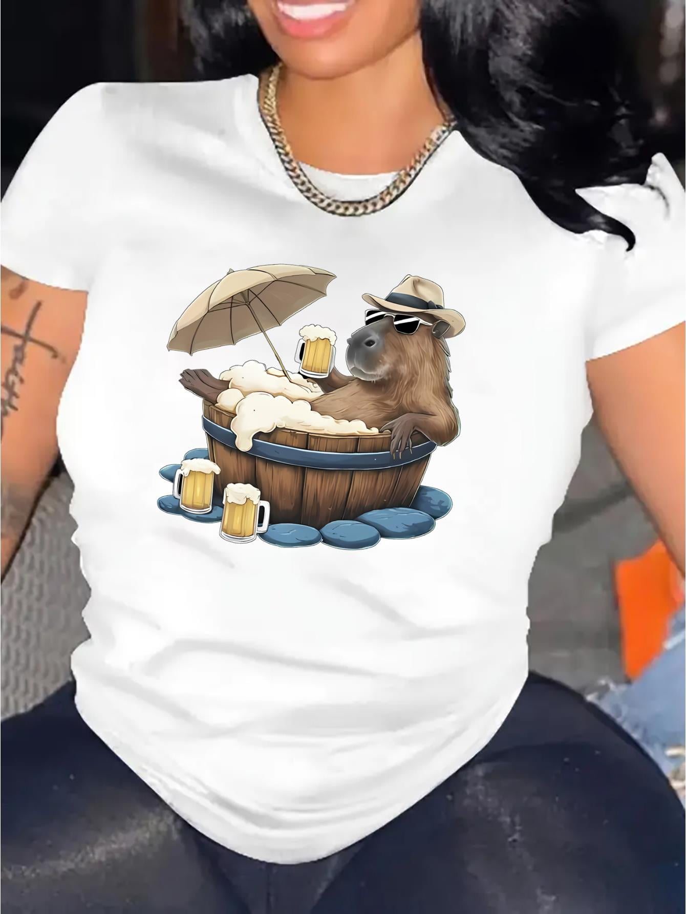 Cartoon Capybara Print Comfy T-Shirt, Round Neck Short Sleeve Sports ...