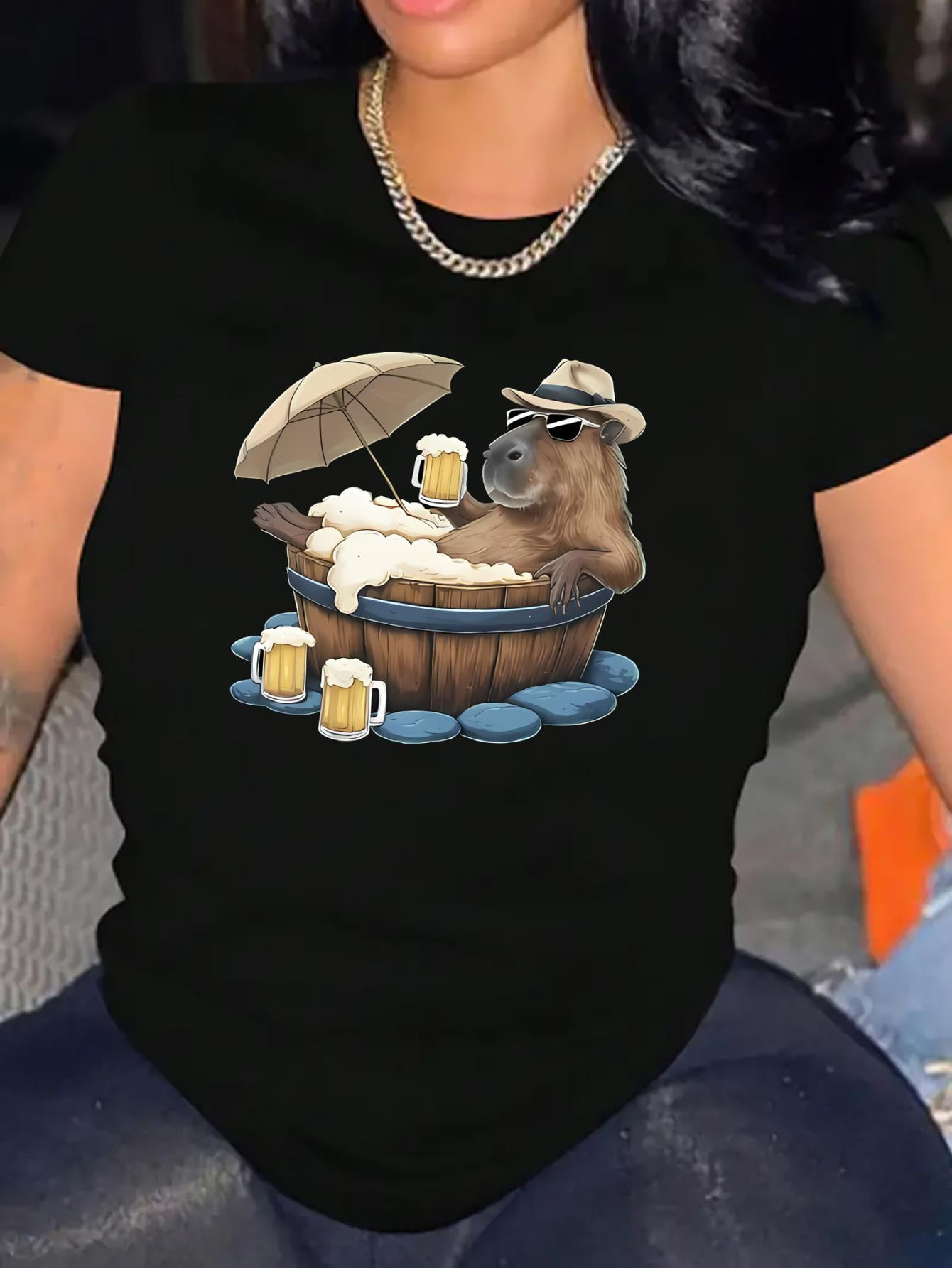 Cartoon Capybara Print Comfy T-Shirt, Round Neck Short Sleeve Sports ...