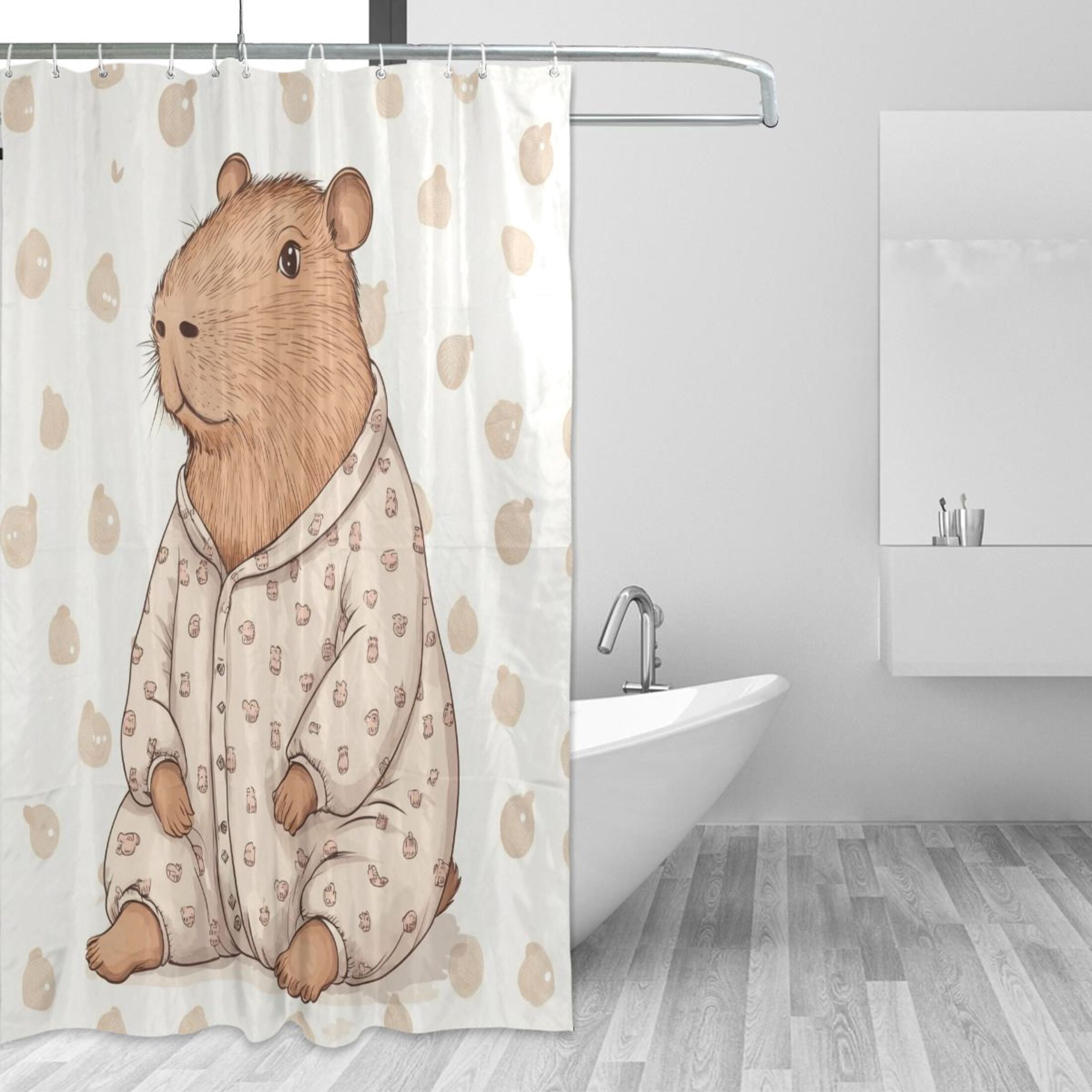 Cartoon Capybara Wear Pajamas Shower Curtains with 12 Hooks Waterproof ...