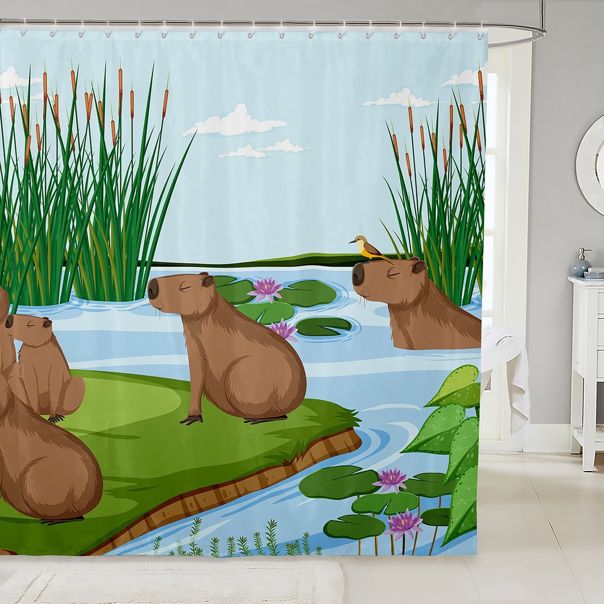 Cartoon Capybaras Cute Bathroom Decor Funny Capybara Shower Curtain Set ...