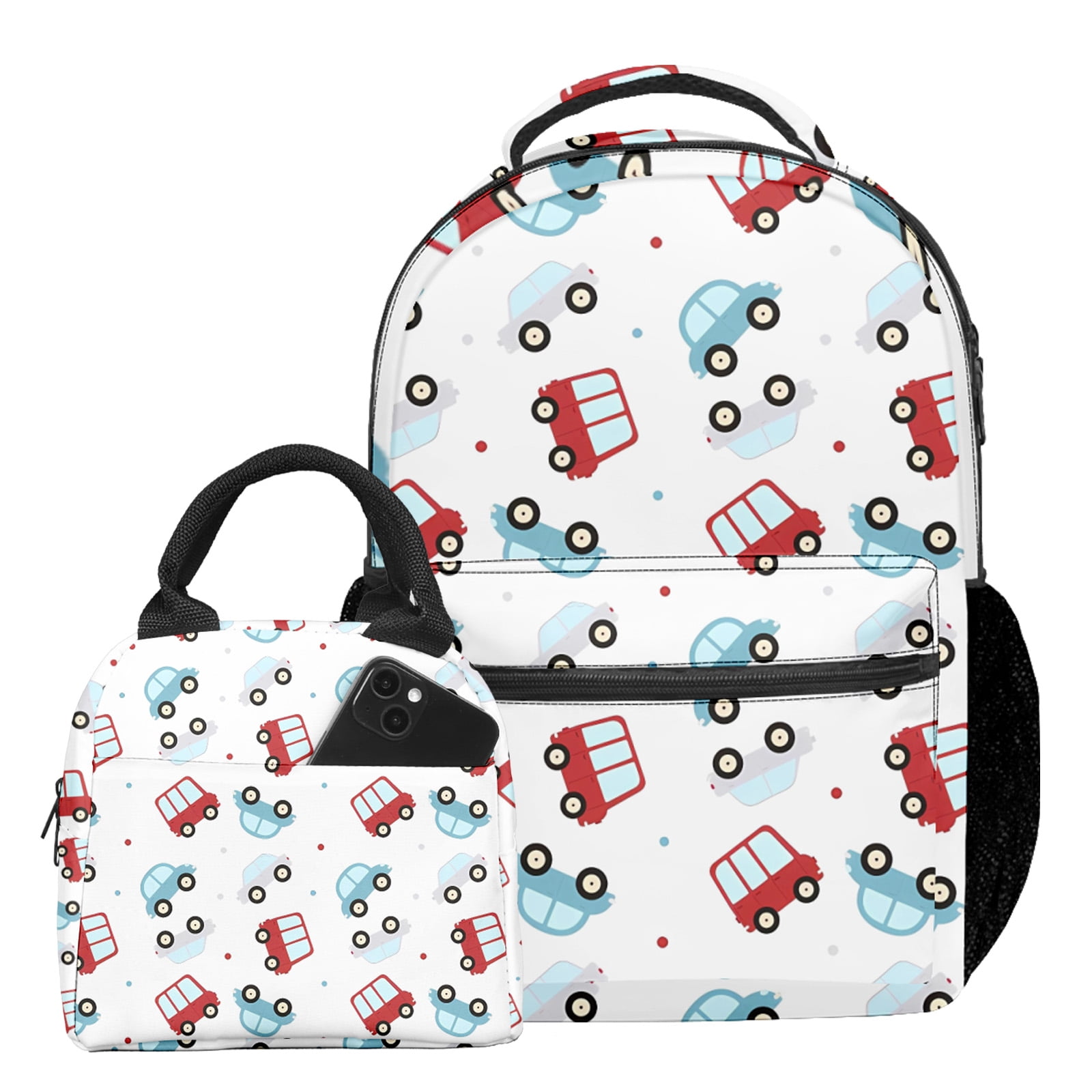 Cartoon Car Backpacks for School and Lunch Bag Unisex Student Backpack ...
