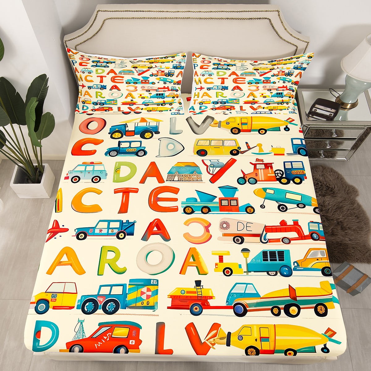 Cartoon Car Bed Sheets Construction Truck Fitted Sheet Excavator ...