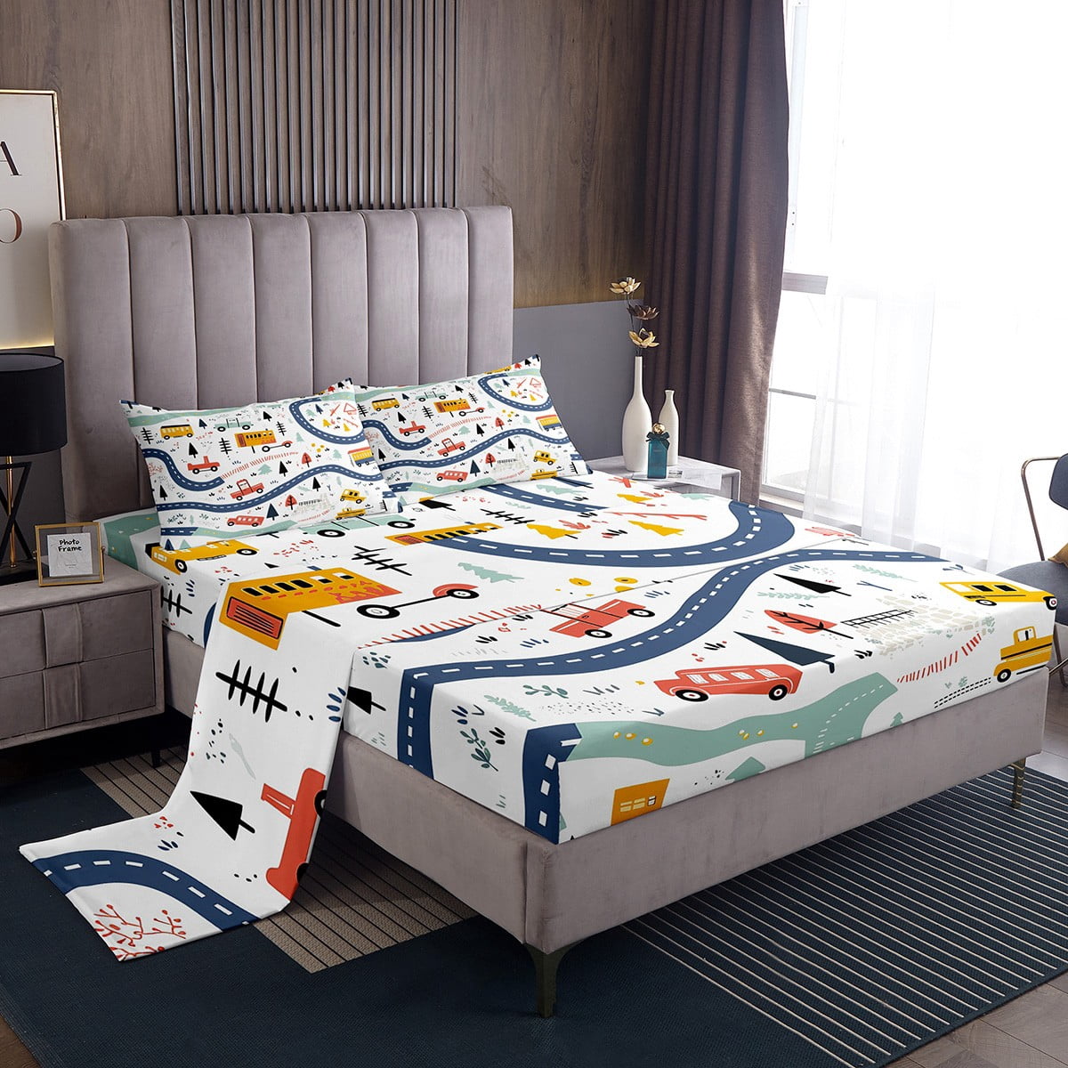 Cartoon Car Bed Sheets Set Queen Size,Traffic Vehicles Sheet Set Teens ...