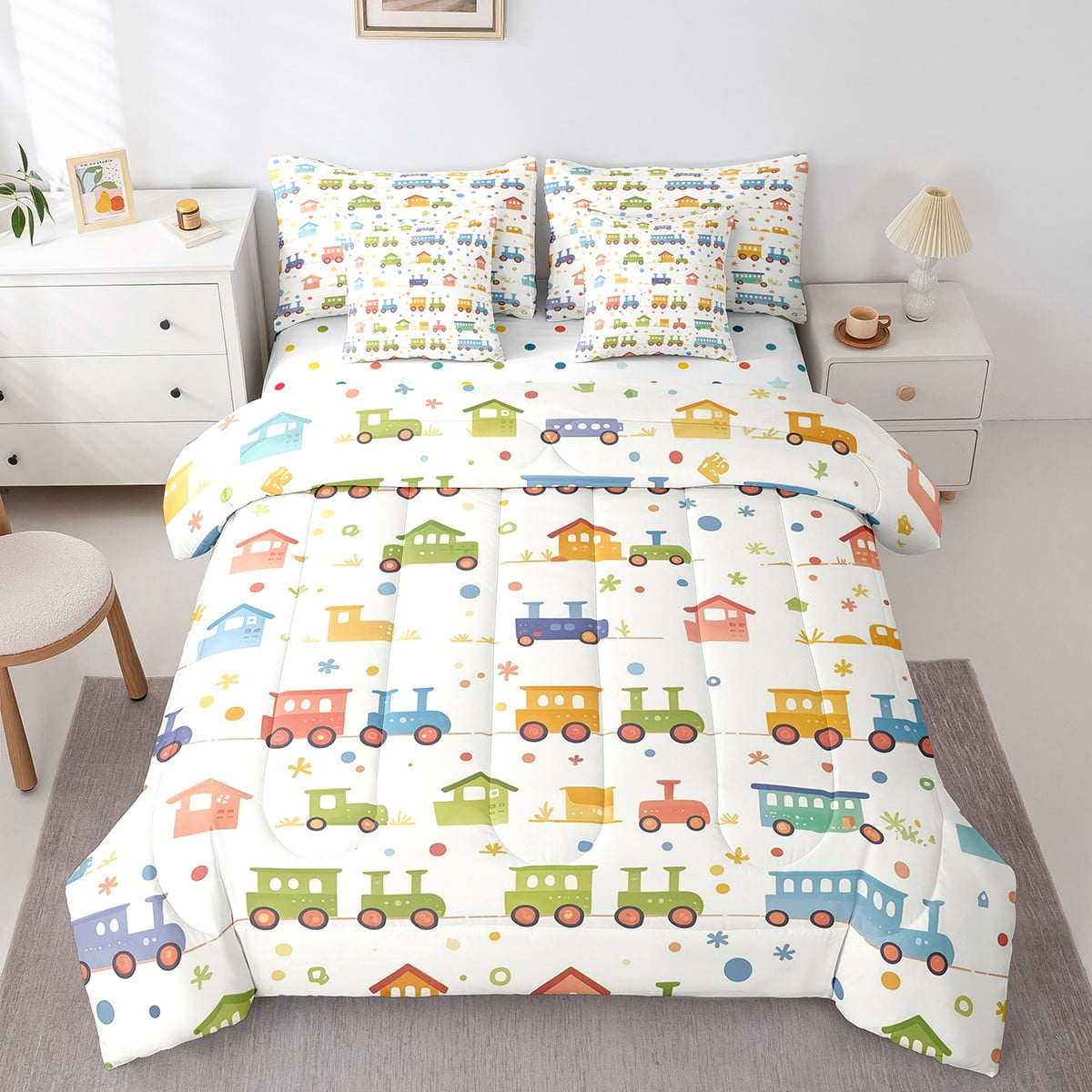 Cartoon Car Bedding Set Colorful Train Transporation Print Comforter 7 ...