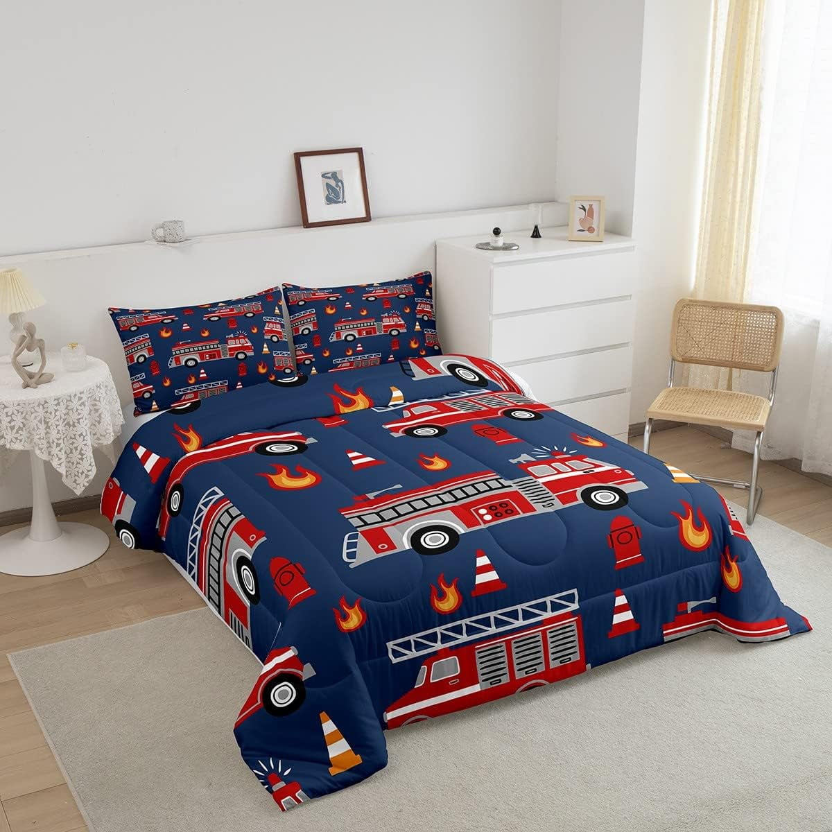 Cartoon Car Bedding Set Fire Truck Comforter Set for Kids Boys Girls ...