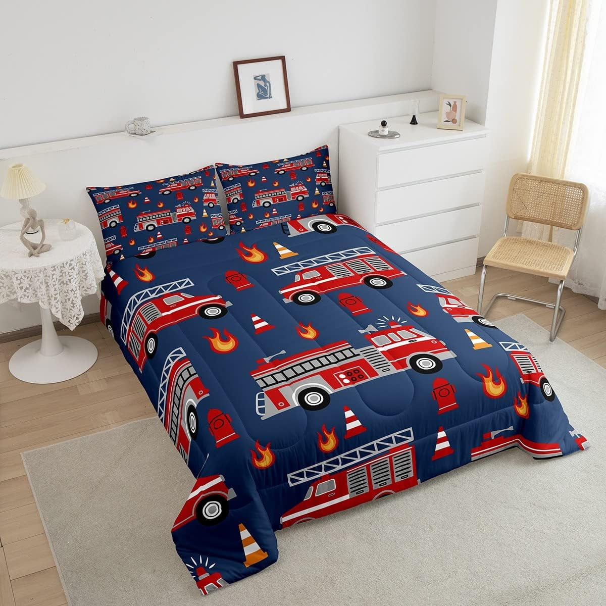Cartoon Car Bedding Set Fire Truck Comforter Set for Kids Boys Girls ...