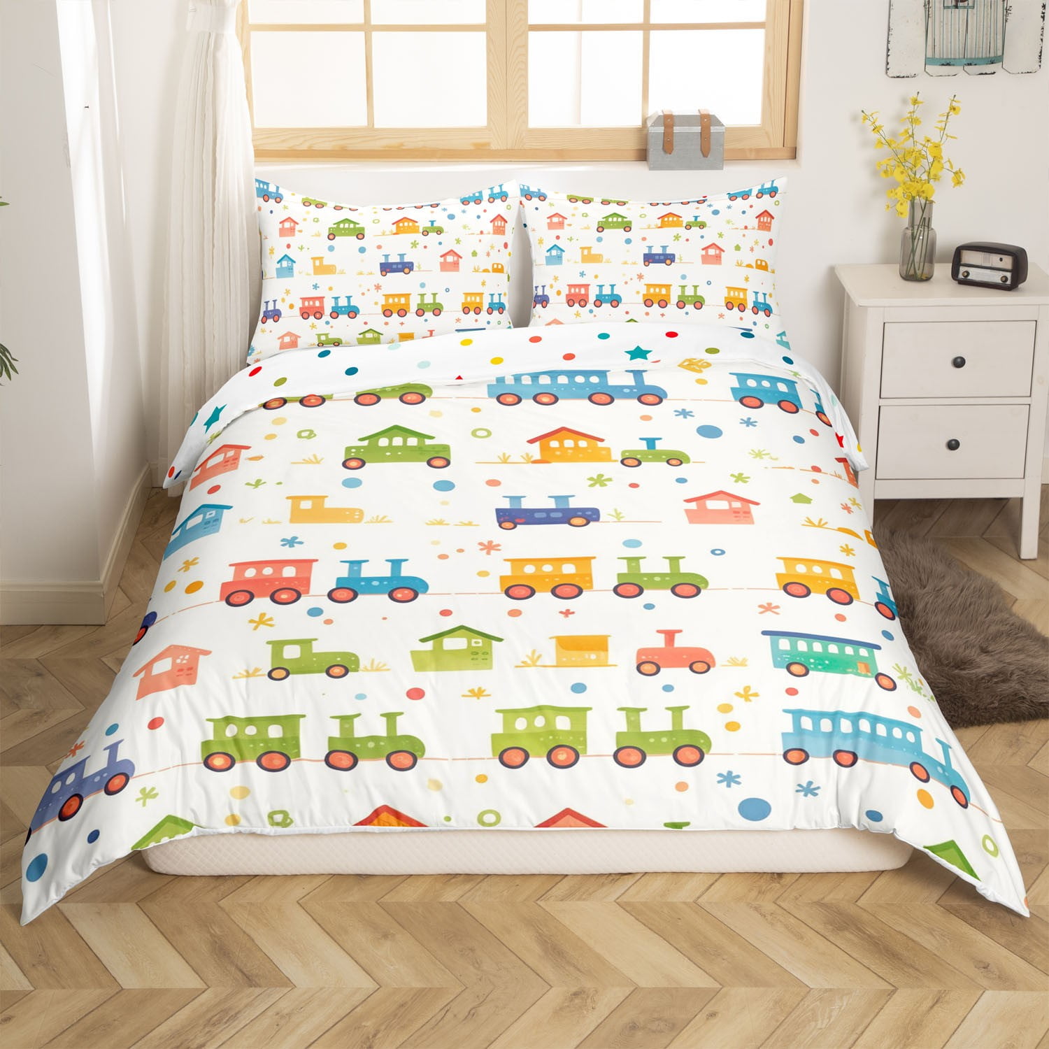 Cartoon Car Bedding Set Kids Boys Colorful Train Transporation Print ...