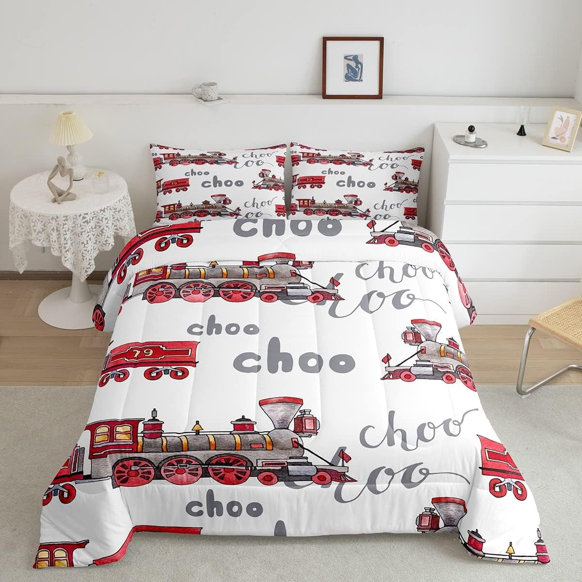 Cartoon Car Bedding Set Kids Train Comforter Set Boys Girls Choo-Choo ...
