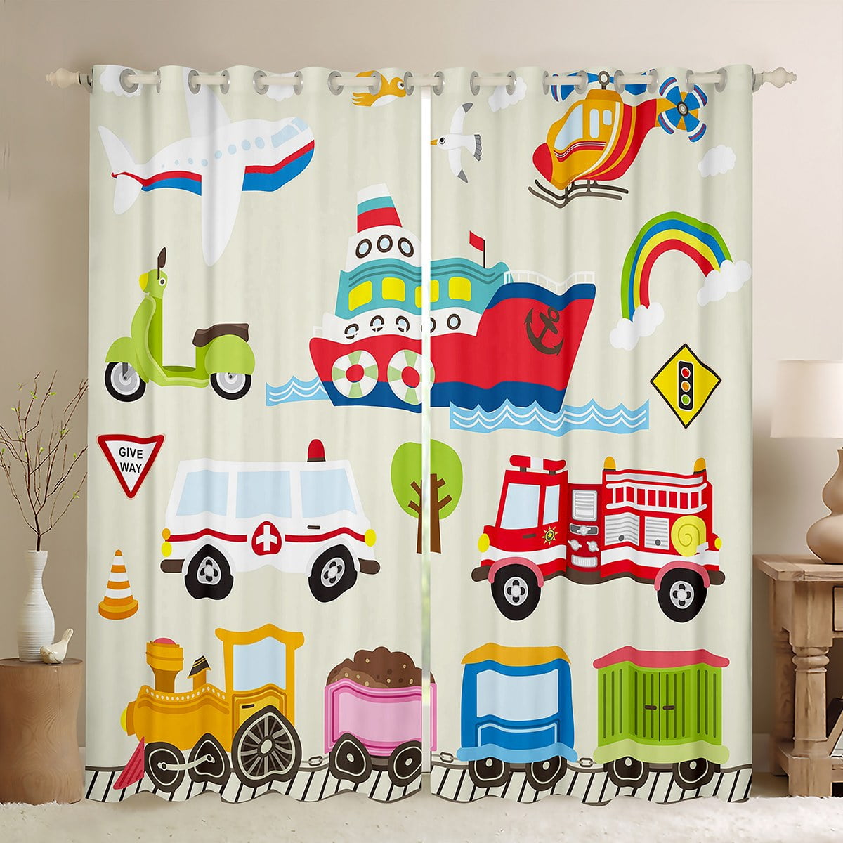 Cartoon Car Blackout Curtains, Fire Truck Train Curtains for Living ...