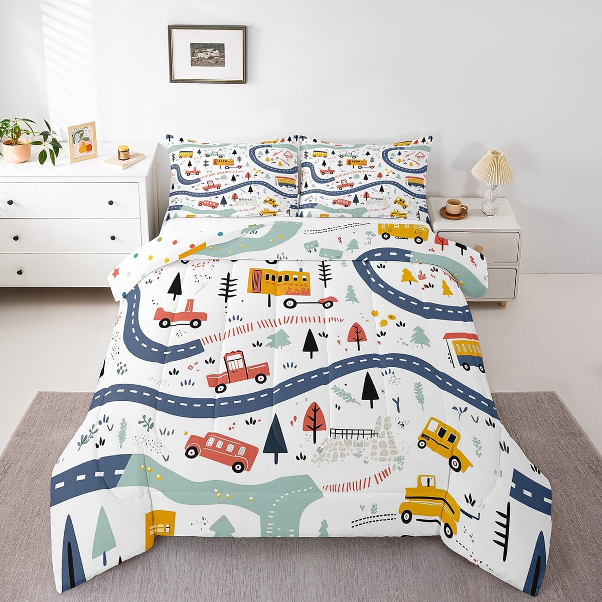 Cartoon Car Comforter Sets Full Size,Traffic Vehicles Bedding Set for ...