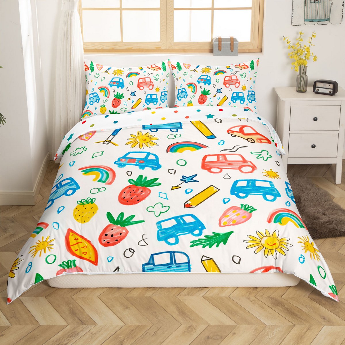 Cartoon Car Duvet Cover Set,Hand Drawn Crayon Drawing Bedding Set, Room ...