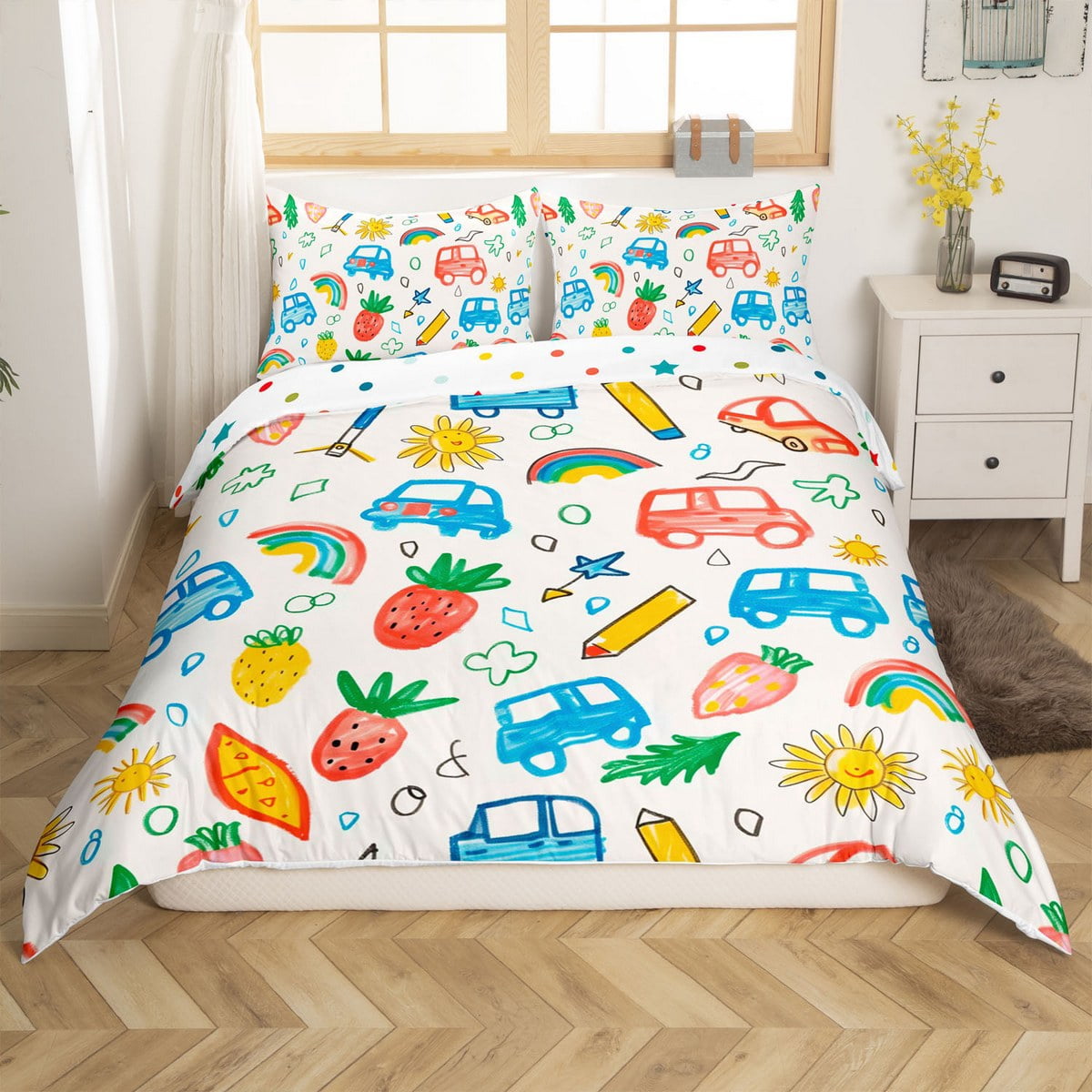 Cartoon Car Duvet Cover Set Twin Size,Hand Drawn Crayon Drawing Bedding ...