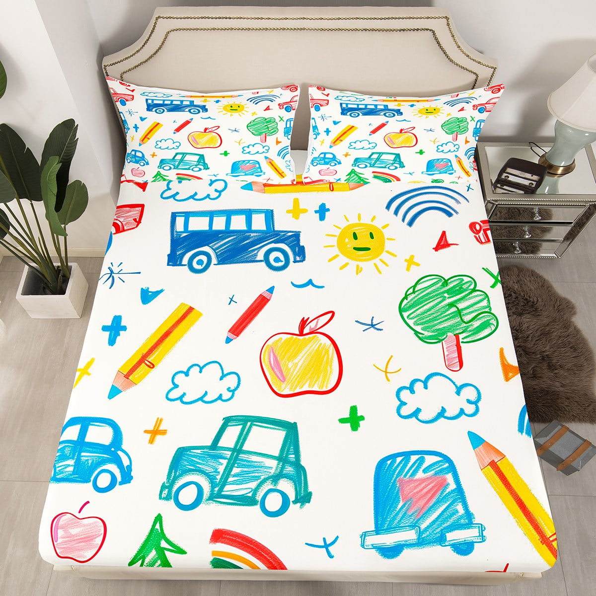 Cartoon Car Fitted Sheet Full Size,Abstract Hand Drawn Crayon Drawing ...