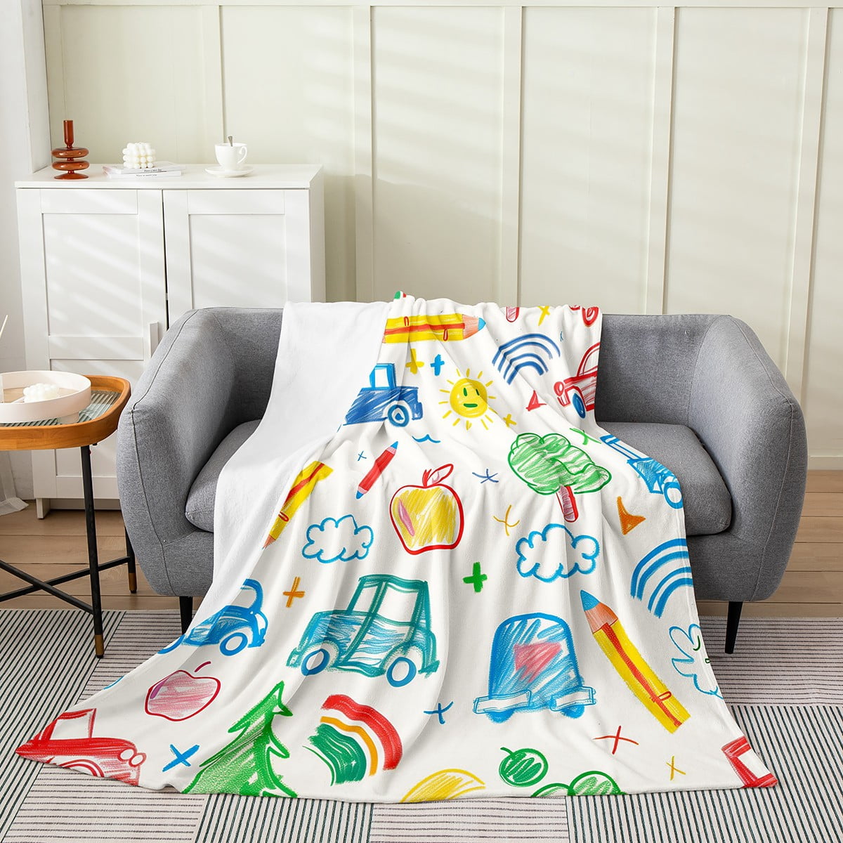 Cartoon Car Flannel Blanket,Abstract Hand Drawn Crayon Drawing Bed ...