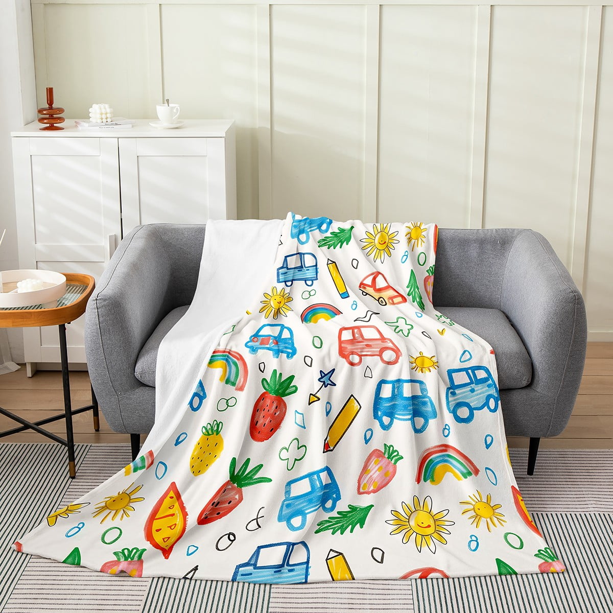 Cartoon Car Flannel Blanket,Hand Drawn Crayon Drawing Bed Blanket ,Cute ...