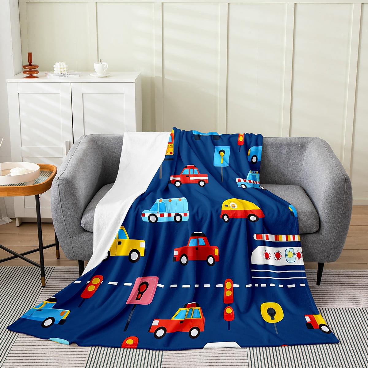 Cartoon Car Fleece Blanket,Transport Vehicles Throw Blanket Queen 90x90 ...