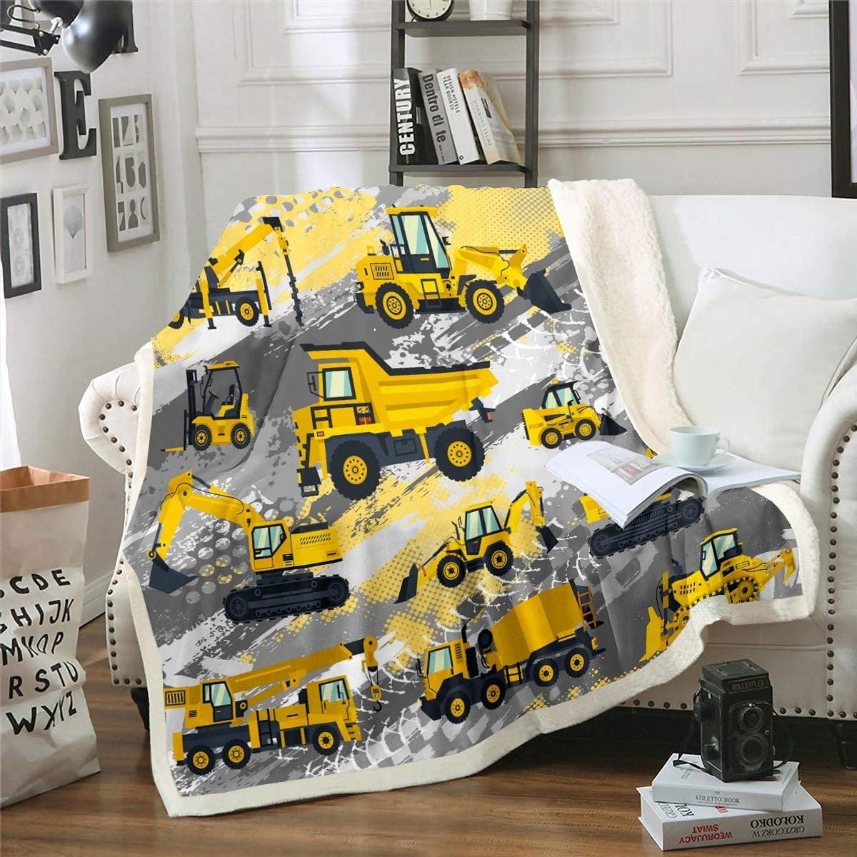 Cartoon Car Fleece Throw Blanket Construction Vehicles Sherpa Blanket ...