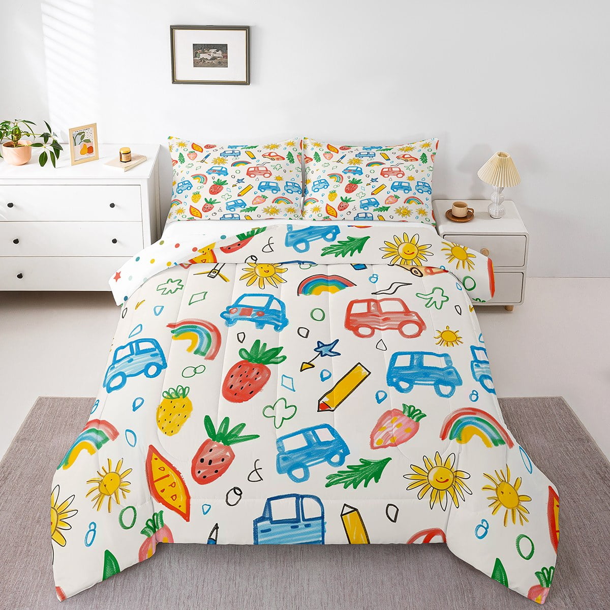 Cartoon Car Comforter Set Full Size,Hand Drawn Crayon Drawing Bedding ...
