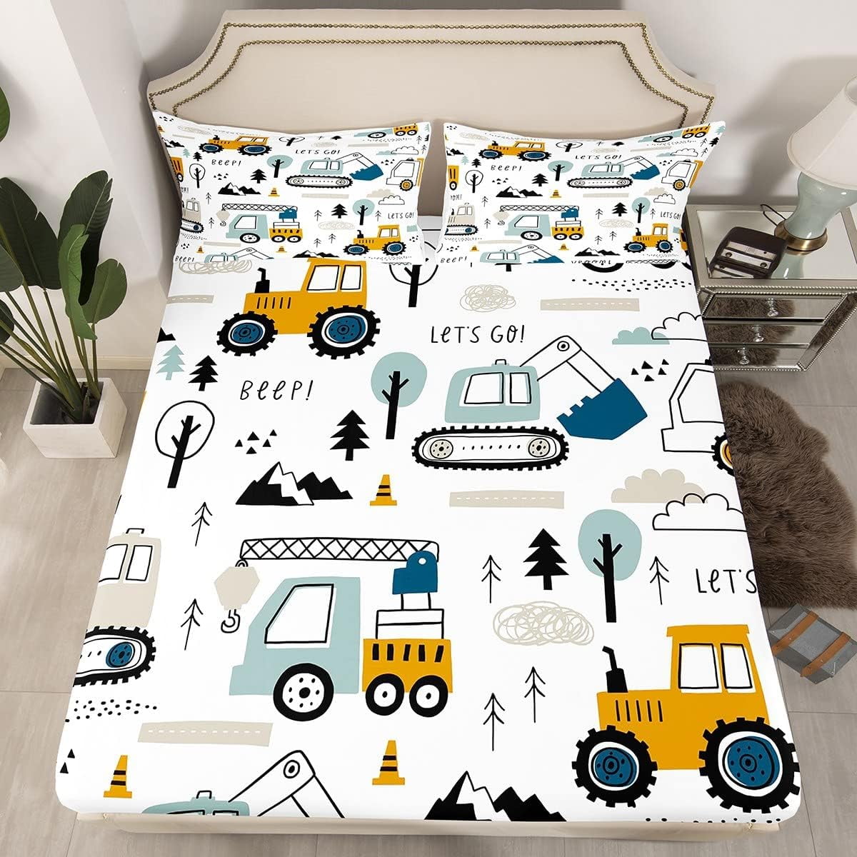 Cartoon Car Kids Fitted Sheet Construction Bed Sheet Set Decor ...