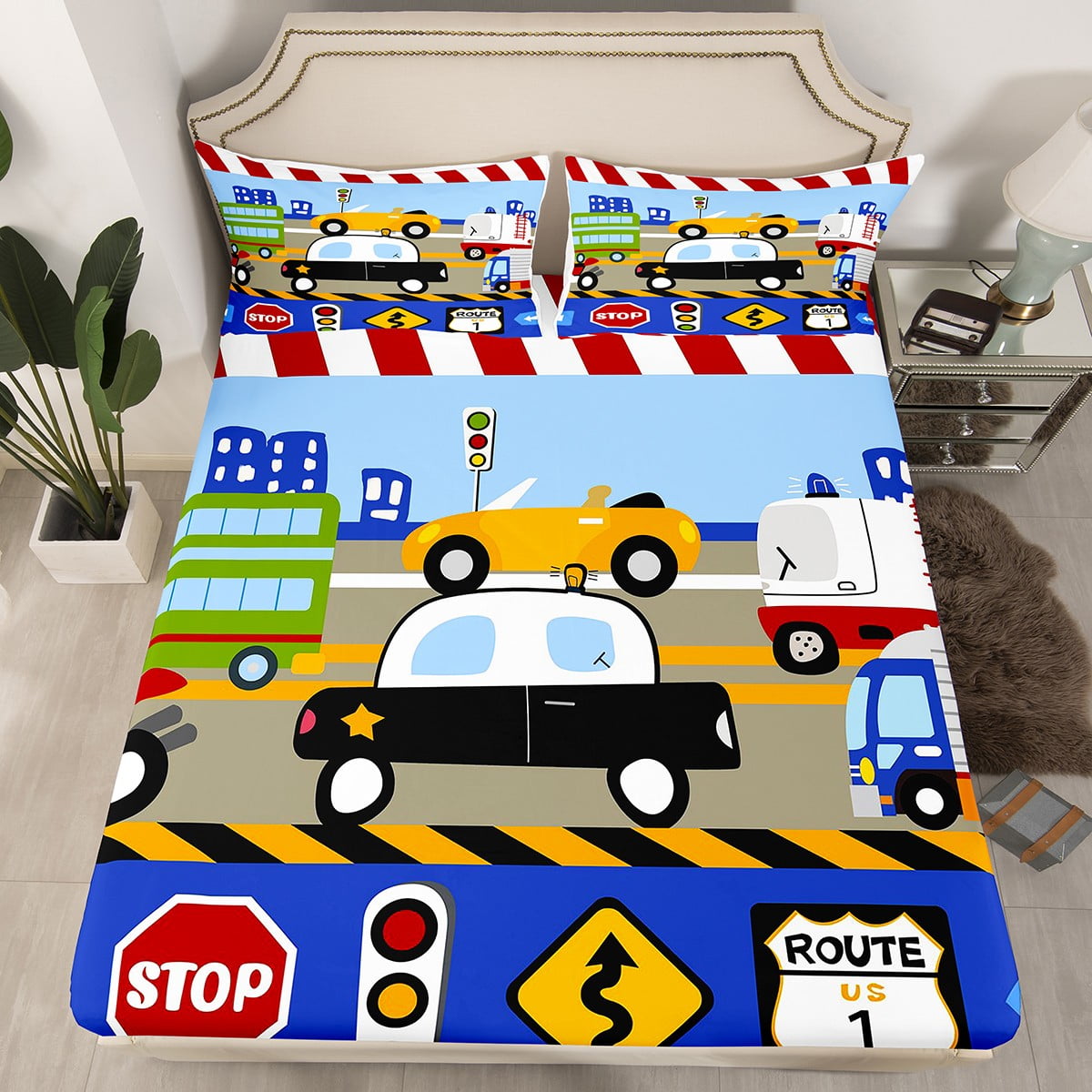 Cartoon Car Kids Fitted Sheet Watercolor Police Car Bus Teen Boy ...