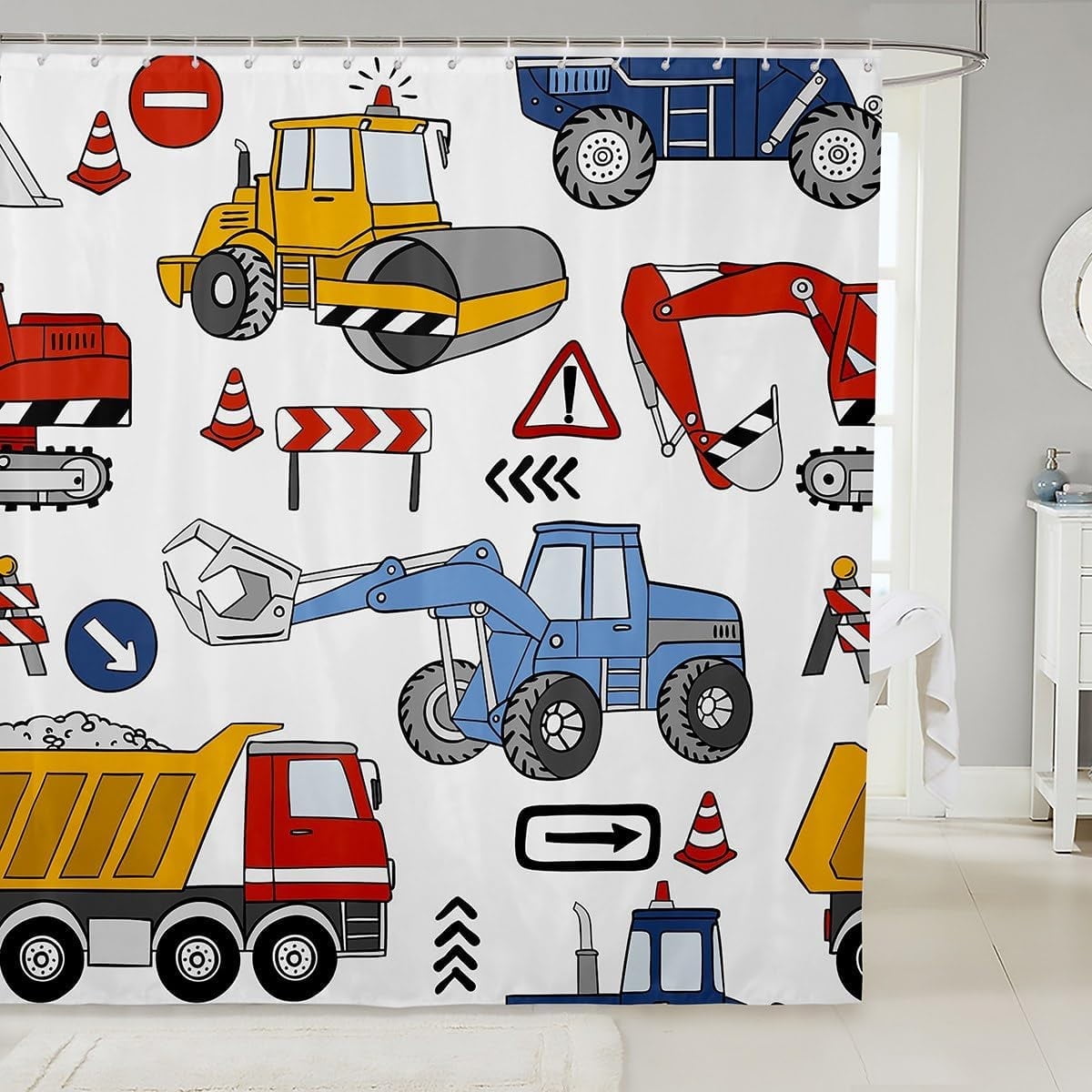 Cartoon Car Kids Shower Curtain Excavator Tractor Truck Bathroom ...