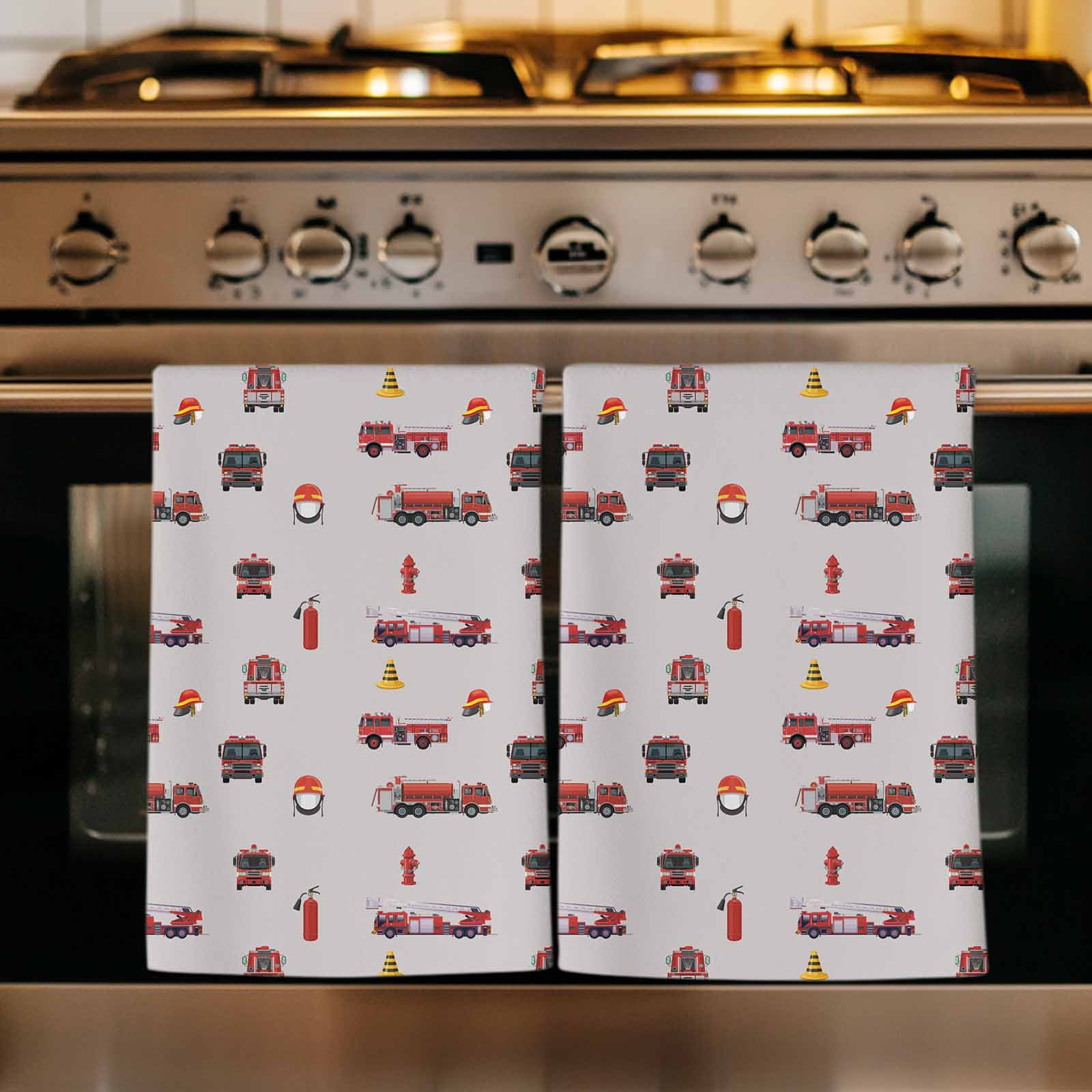 Cartoon Car Kitchen Towels Set of 3, Funny Red Black Fire Truck Print ...