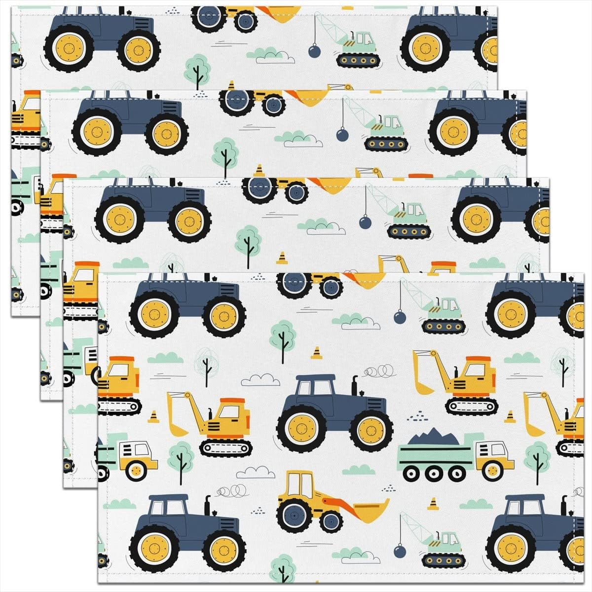 Cartoon Car Placemats 12x18 Set of 4, Kids Construction Vehicles Place ...
