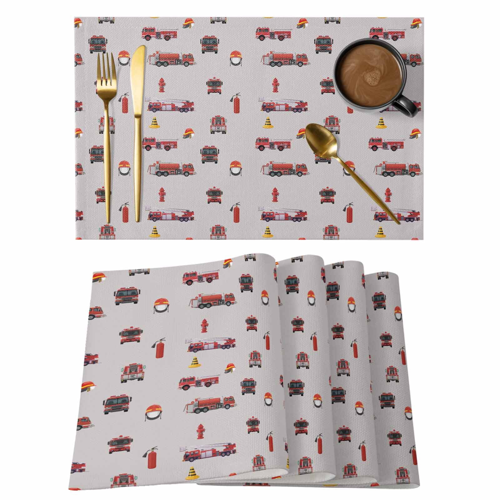 Cartoon Car Placemats Set of 4, Funny Red Black Fire Truck Print ...