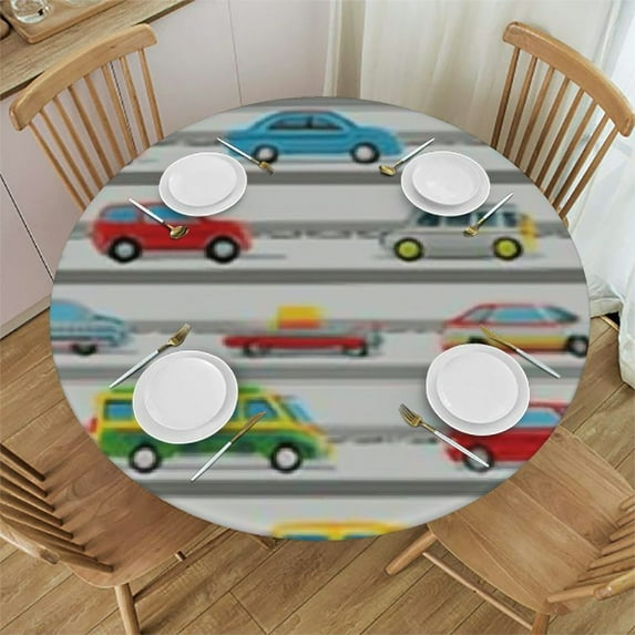 Cartoon Car Round Tablecloth with Elastic Edge, Colorful Car Fitted ...