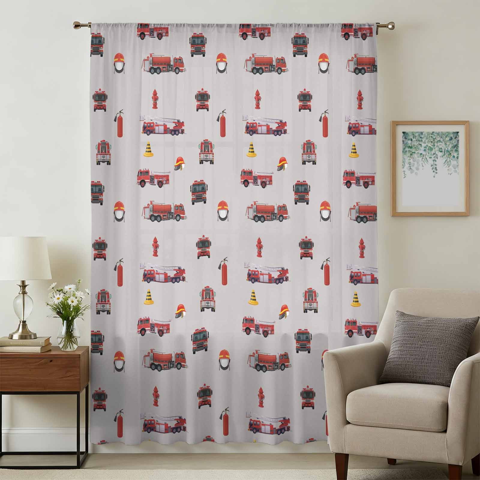 Cartoon Car Sheer Curtains 45 Inches Long, Funny Red Black Fire Truck ...