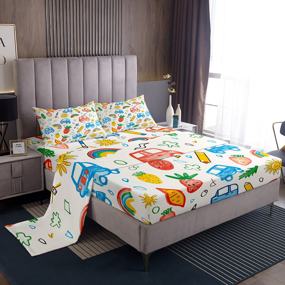 Cartoon Car Sheet Full Size,Hand Drawn Crayon Drawing Bedding Set, Room ...