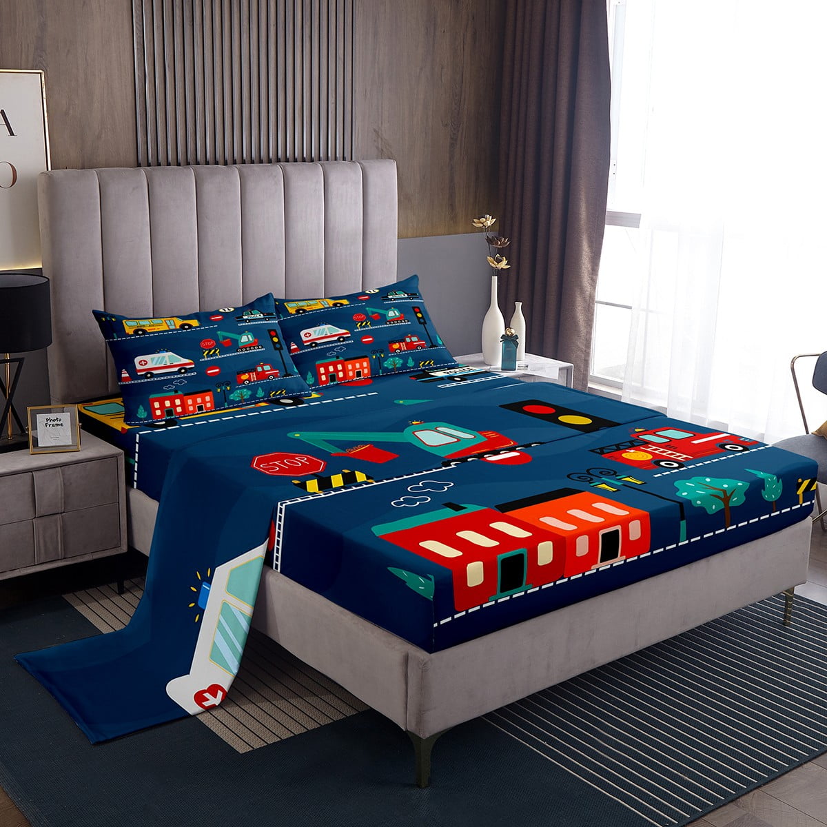 Cartoon Car Sheet Set Ambulance Fire Truck Print Bed Sheets Set Twin ...