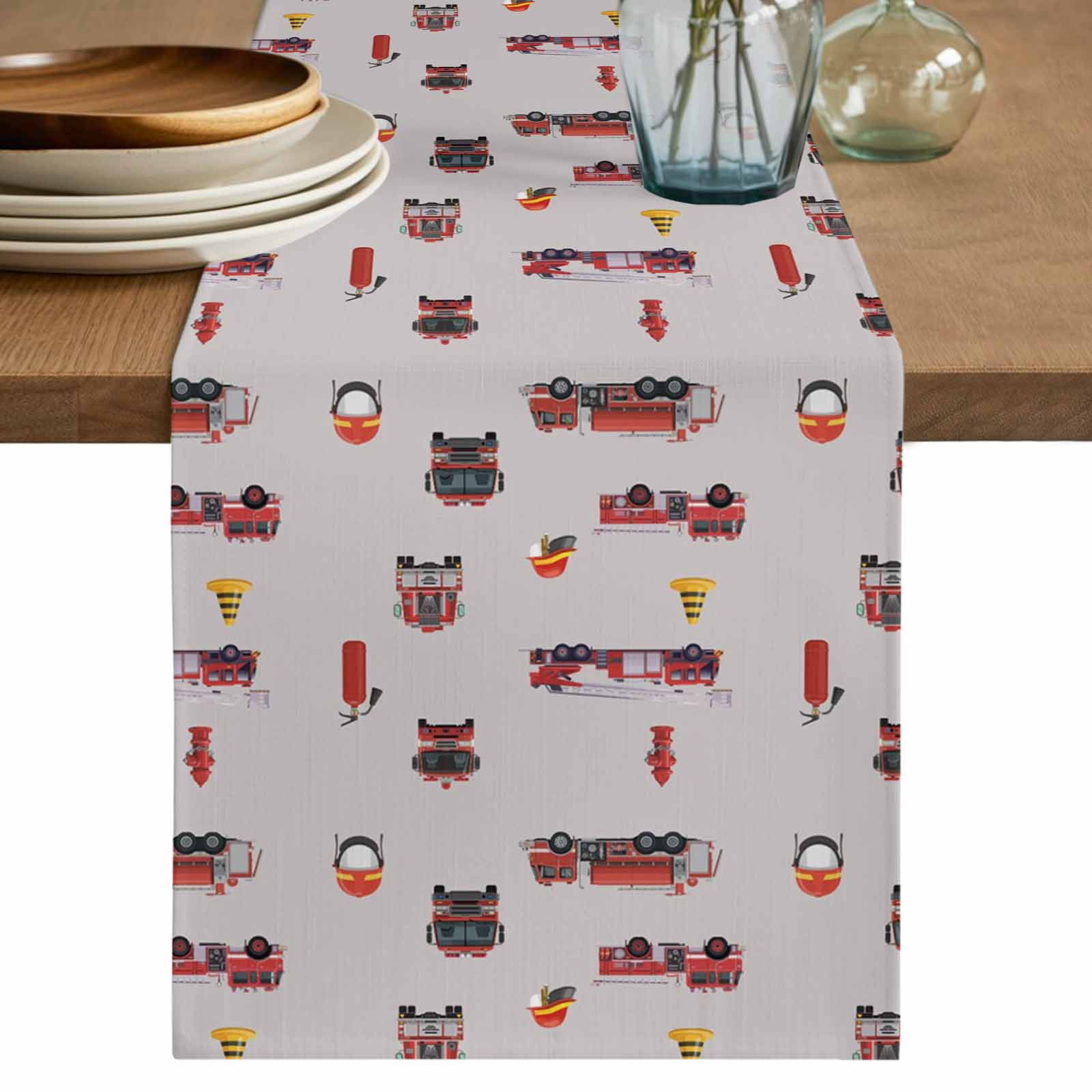Cartoon Car Table Runner 72 Inches, Funny Red Black Fire Truck Print ...
