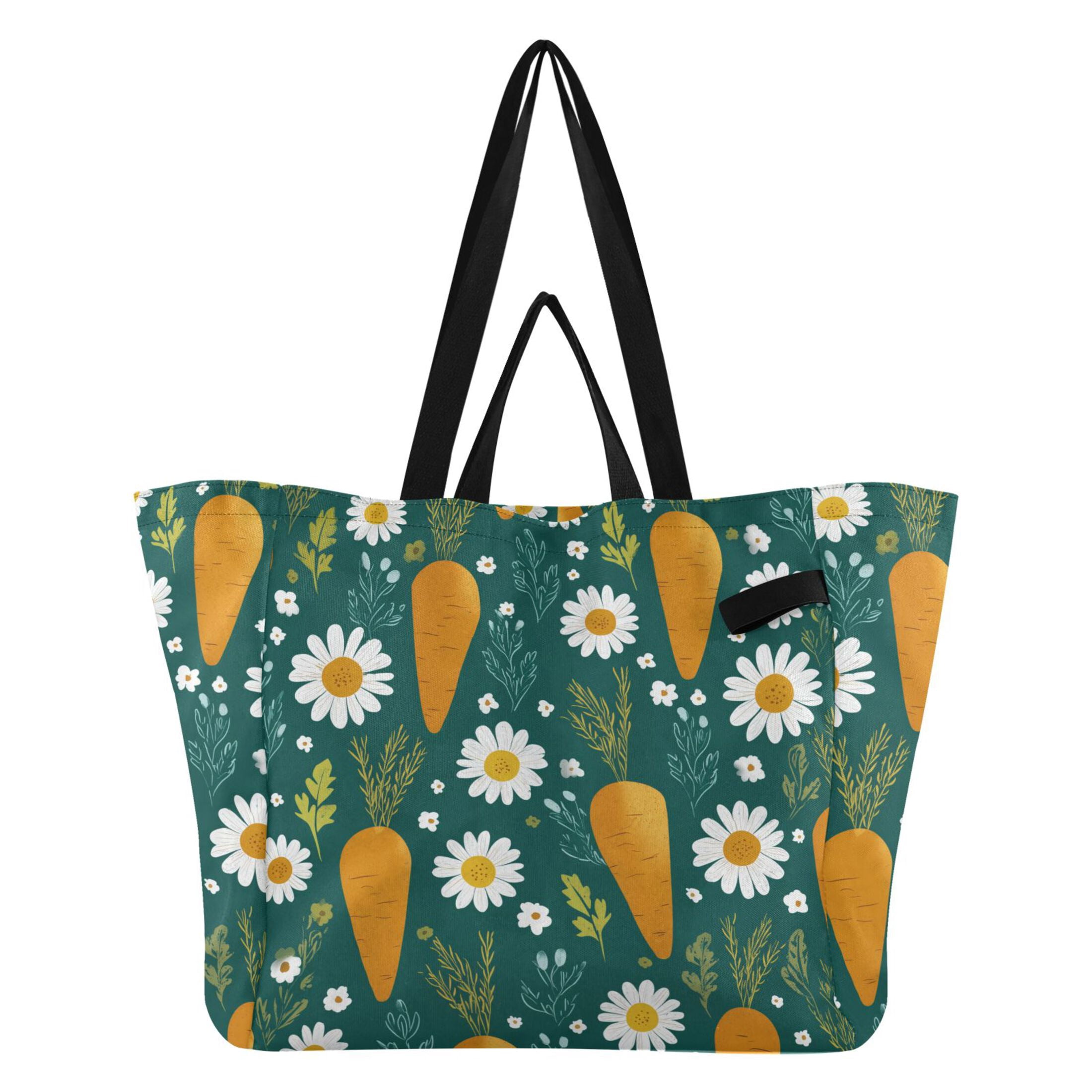 Cartoon Carrots with Cute Daisies Foldable Canvas Tote Bags Reusable ...