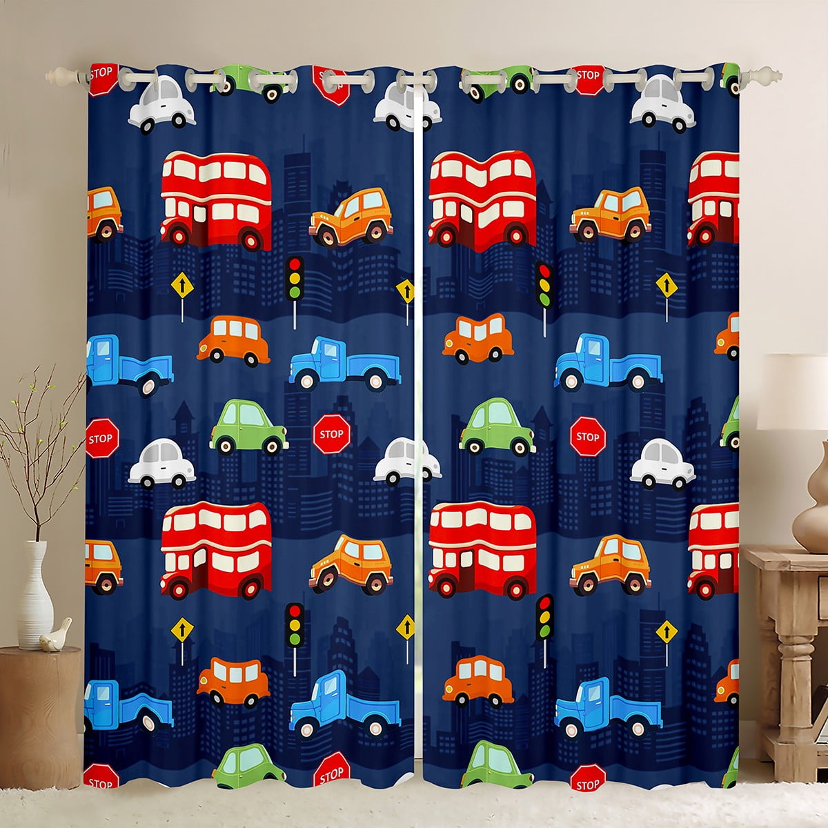 Cartoon Cars 30%-50% Blackout Curtains, Cute Bus Truck Vehicles ...
