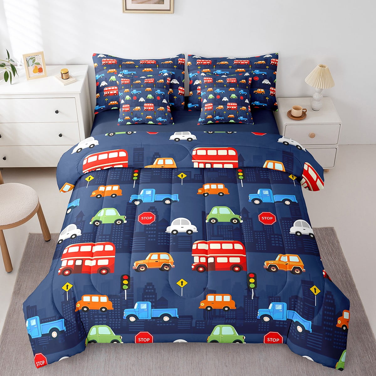 Cartoon Cars 7 Piece Bed in a Bag Twin Comforter Set, Cute Bus Truck ...