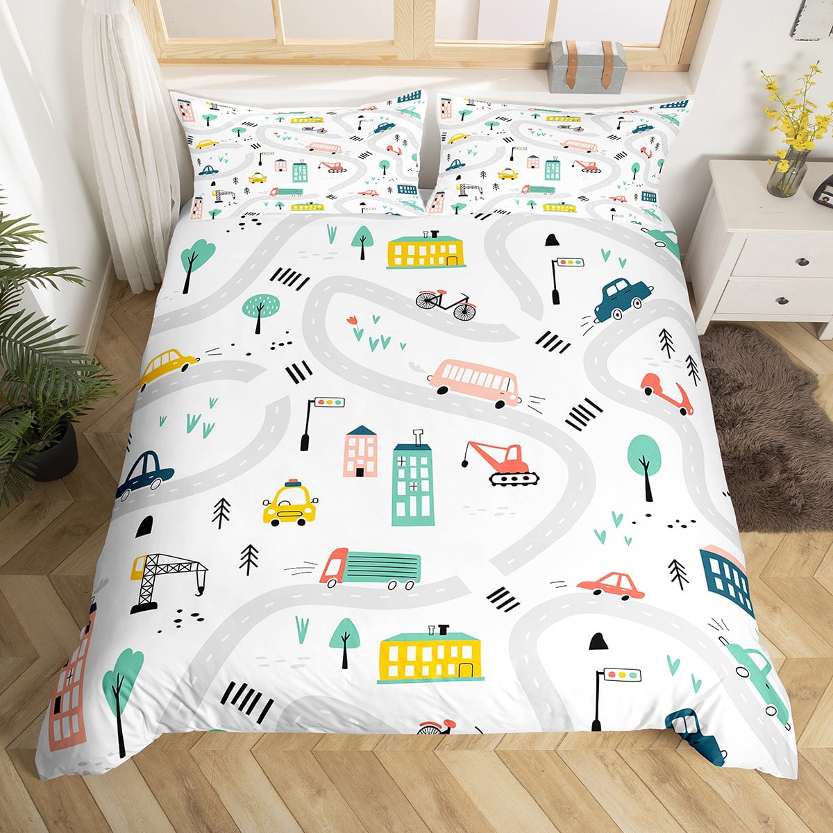 Cartoon Cars Duvet Cover Twin, Hand Drawn Roads Bedding Set, Farmhouse ...