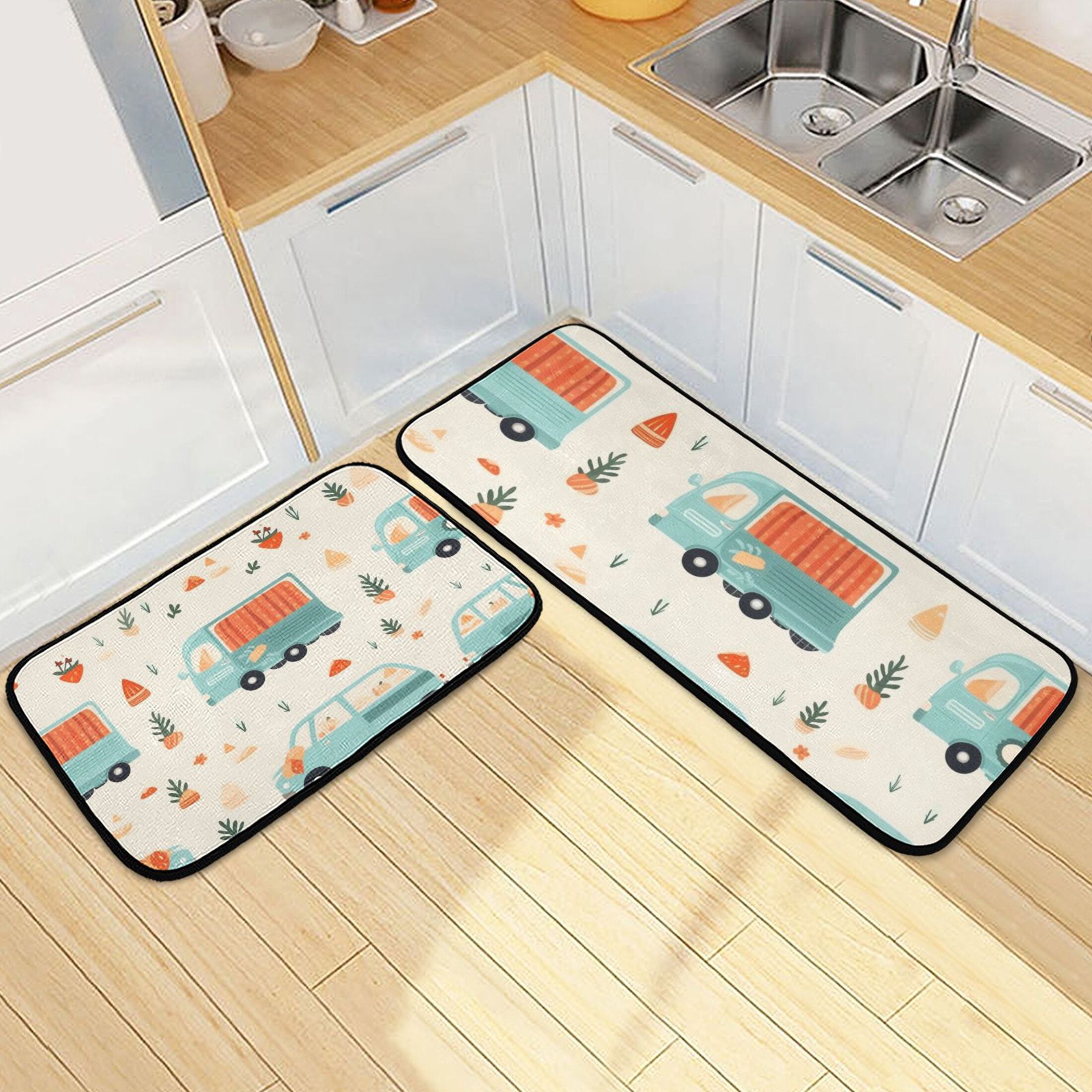 Cartoon Cars Vehicle Kitchen Rugs Set of 2 Non Slip Floor Foam Mat ...