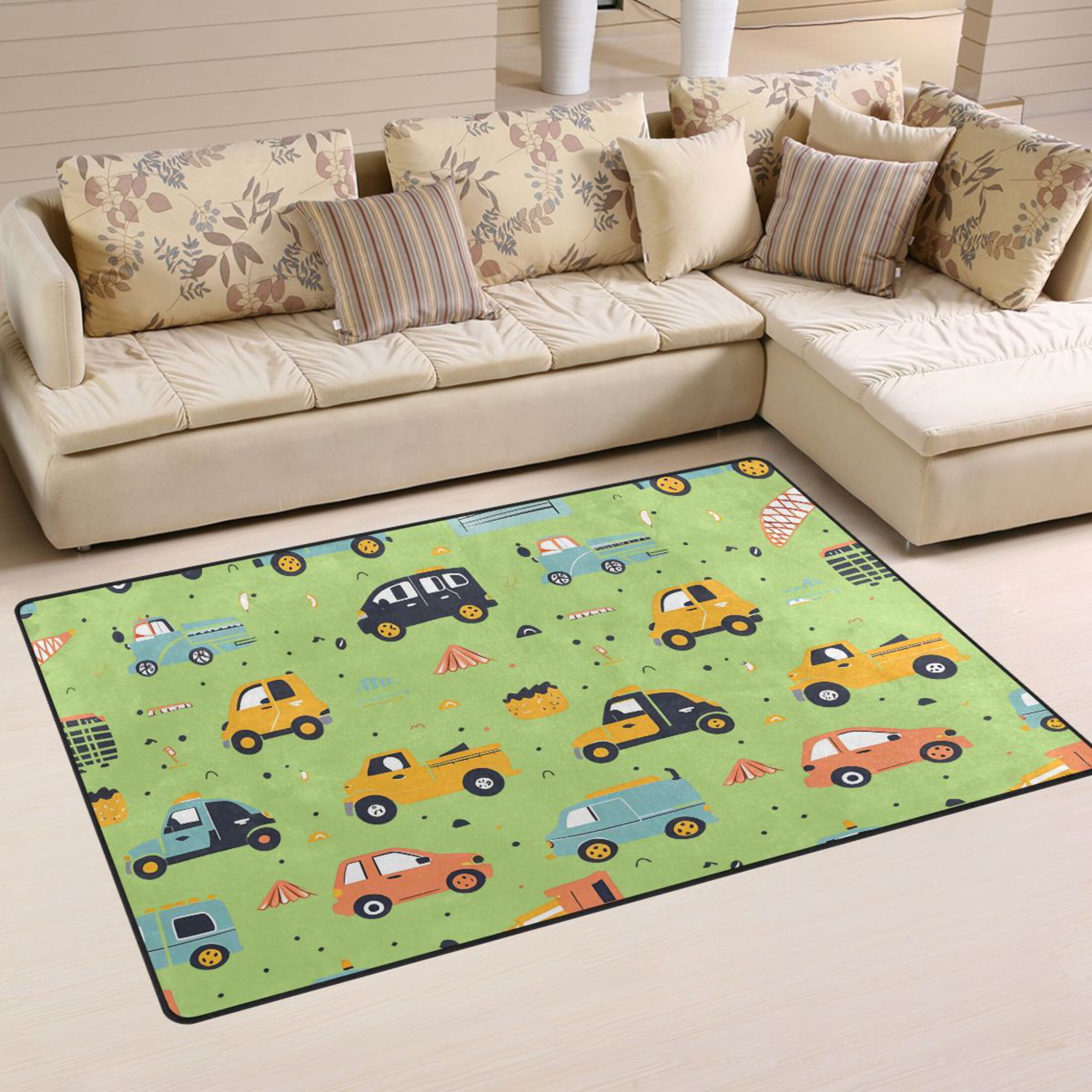 Cartoon Cars on Green Area Floor Mats Non-Slip Rugs Soft Doormat 31 x ...