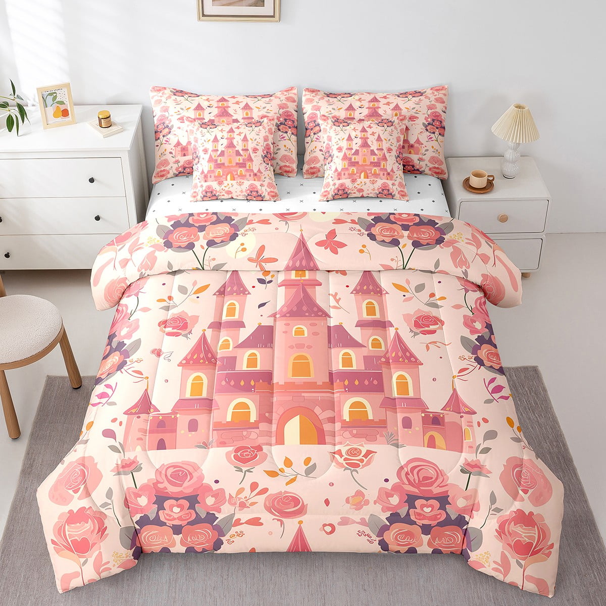 Cartoon Castle Bedding Comforter Sets 7pcs Girly Pink Floral Bed in a ...