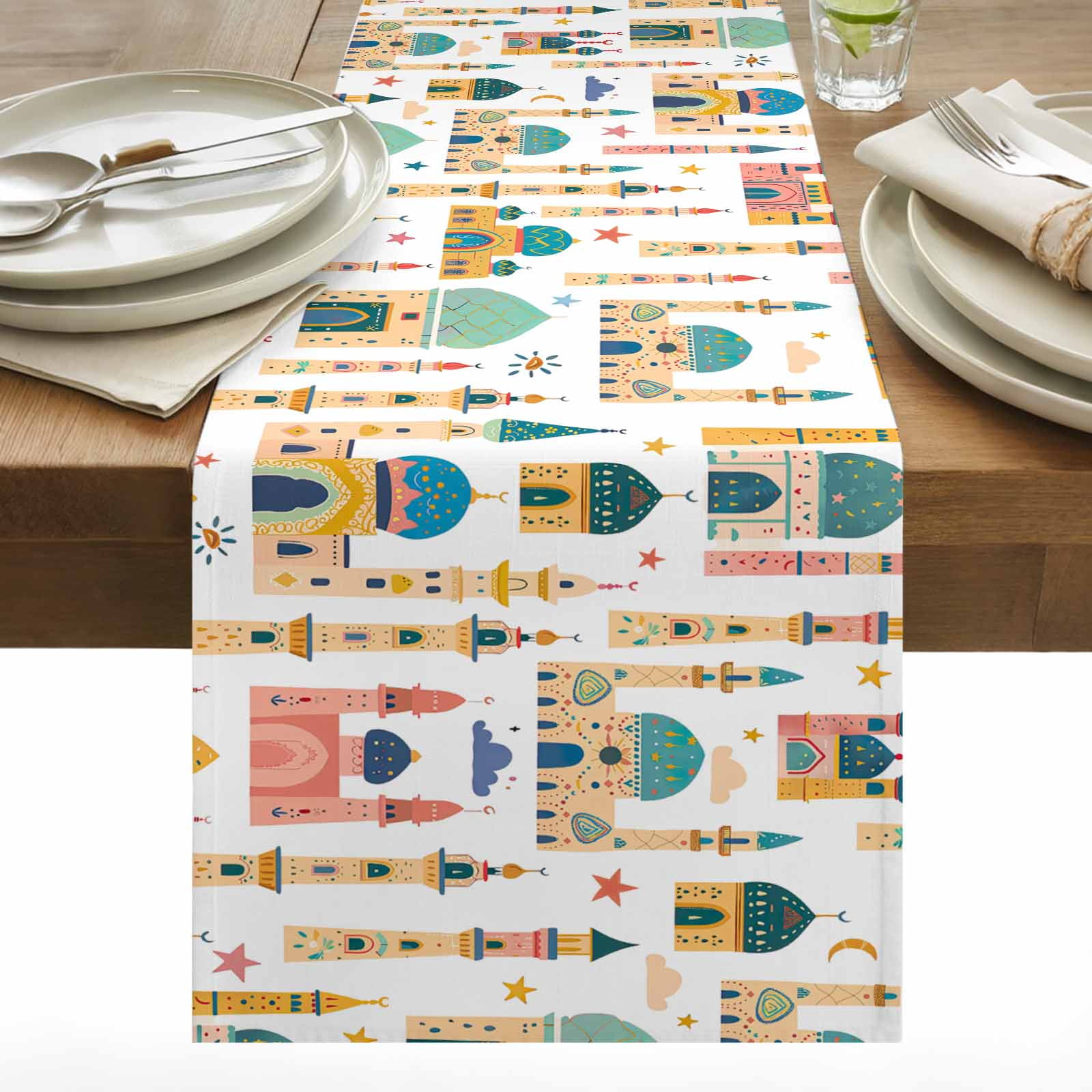 Cartoon Castle Table Runner 13x48 inch Stars Moon Cotton Linen Dining ...