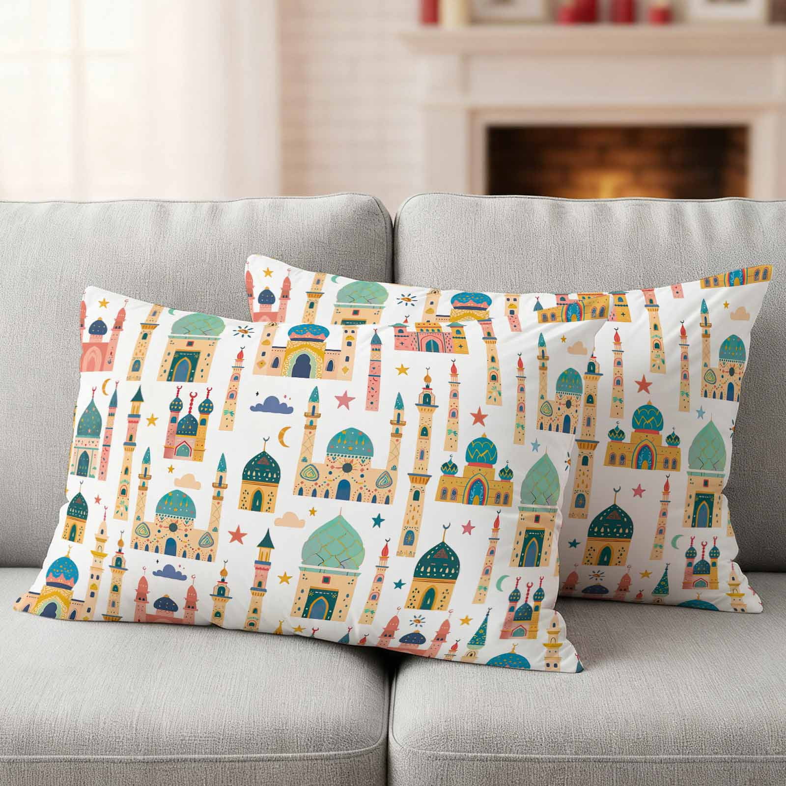 Cartoon Castle Towel Sketch on White Waterproof Throw Pillow Covers Set ...