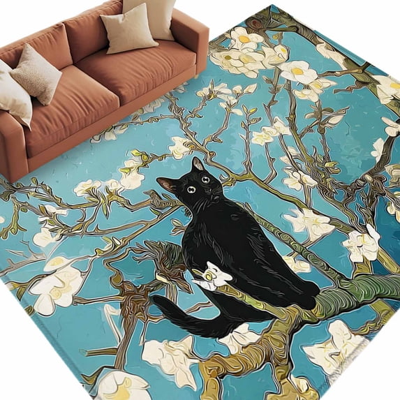 Cartoon Cat Area Rug 6x9 Washable Rug Non Slip Branches Spring Floral ...