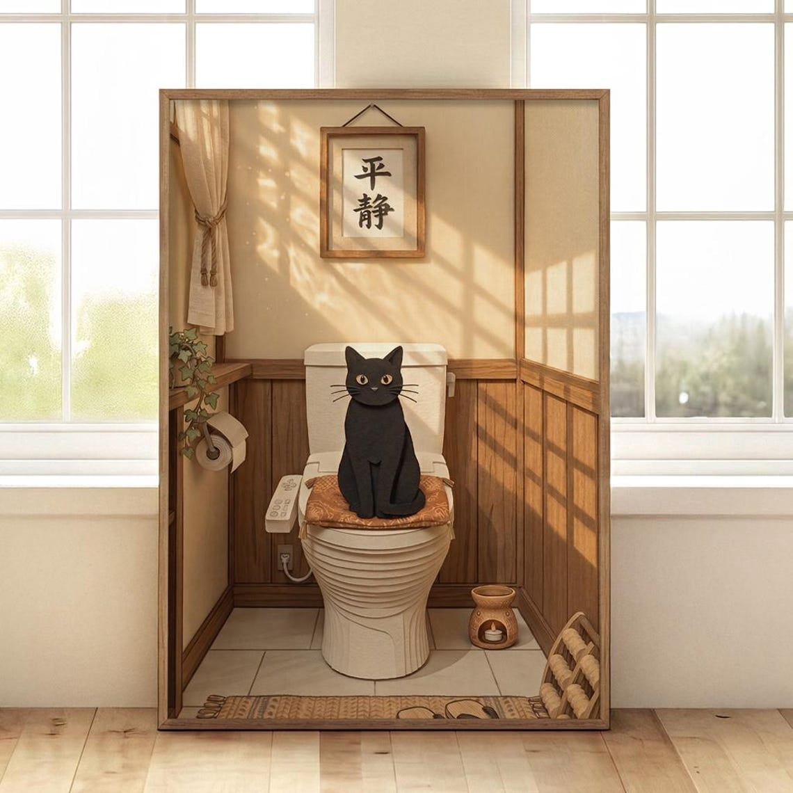 Cartoon Cat Bathroom Art Minimalist Illustration Peaceful Bath Home ...
