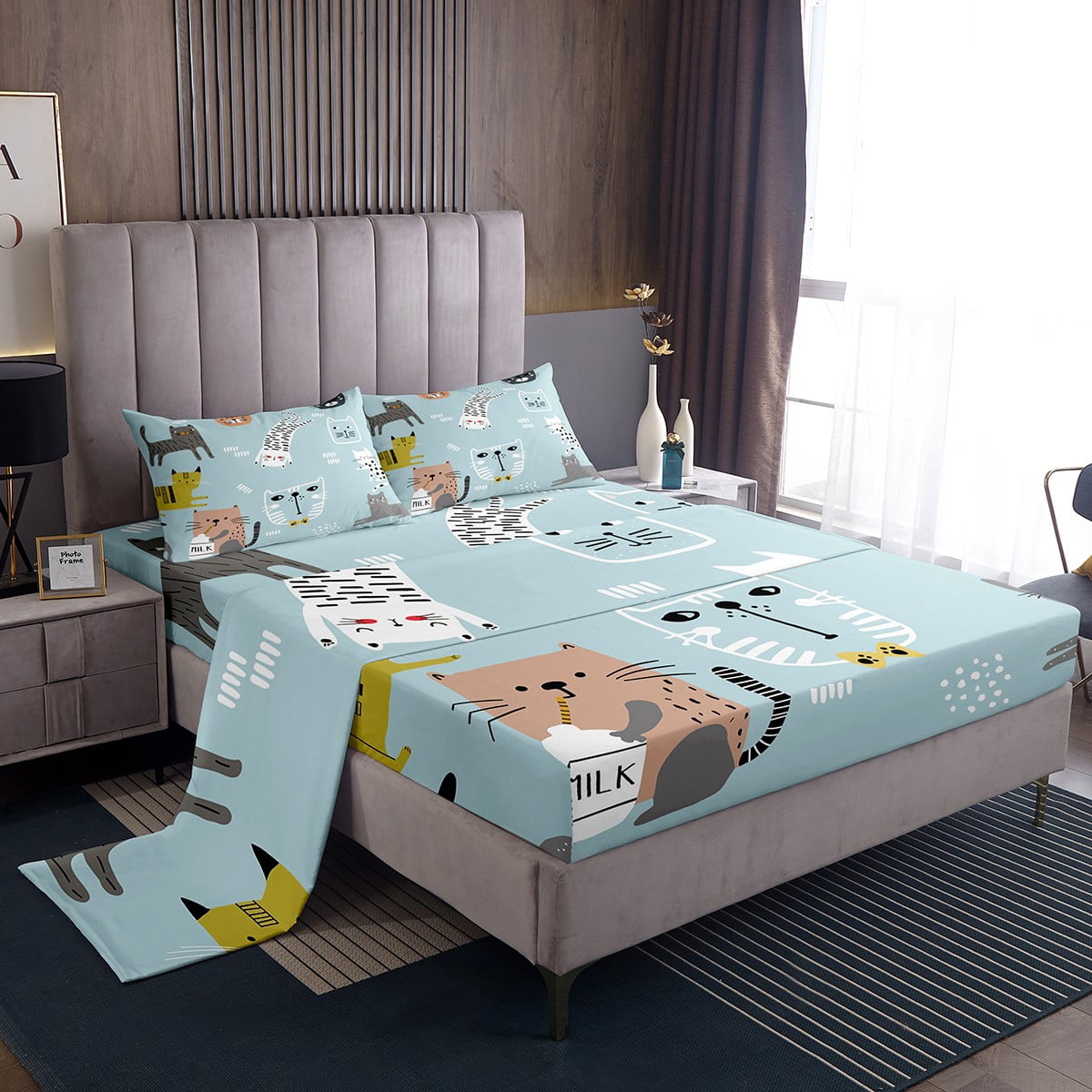 Cartoon Cat Bed Sheets Set, Cute Cat Sheet Set Twin Size Kawaii Animal ...