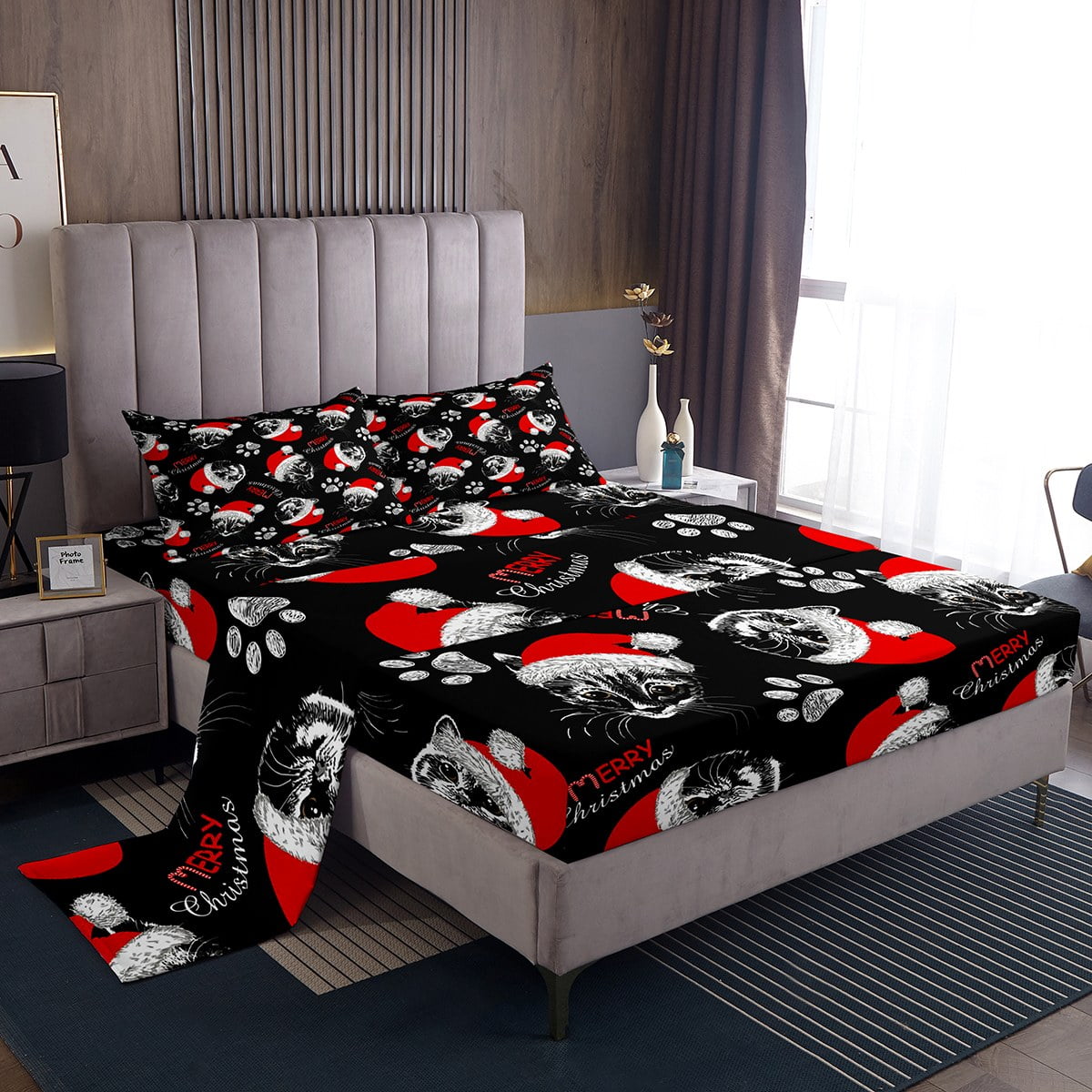 Cartoon Cat Bed Sheets Set Merry Christmas Sheet Set Animal Claw ...