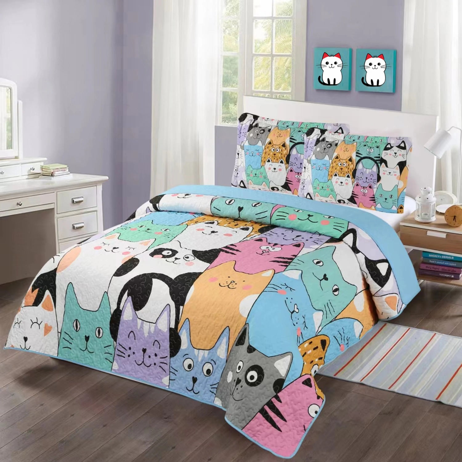 Cartoon Cat Bedding Cute Cat Quilt Bedspread Set Blue Cat Coverlet set ...